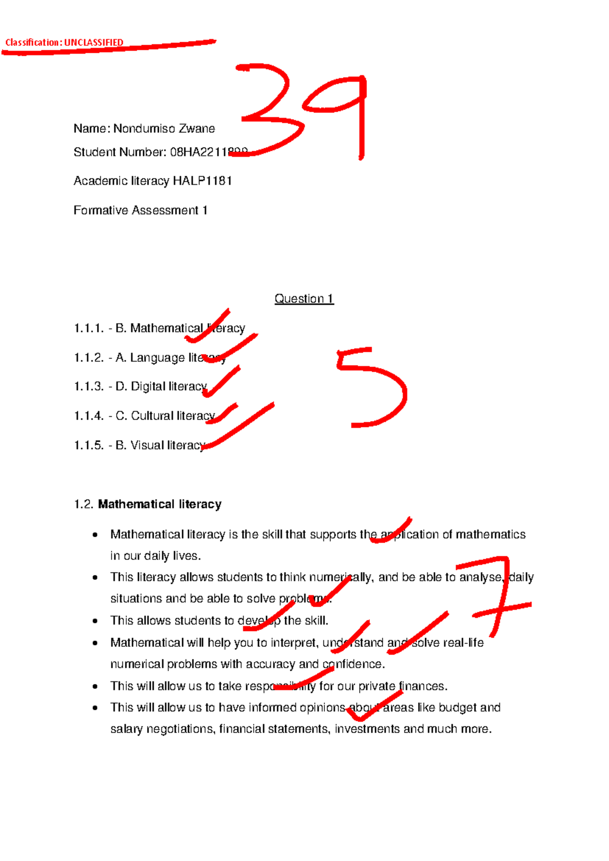 HALP1181 Marked Assignment - Classification: UNCLASSIFIED Name ...