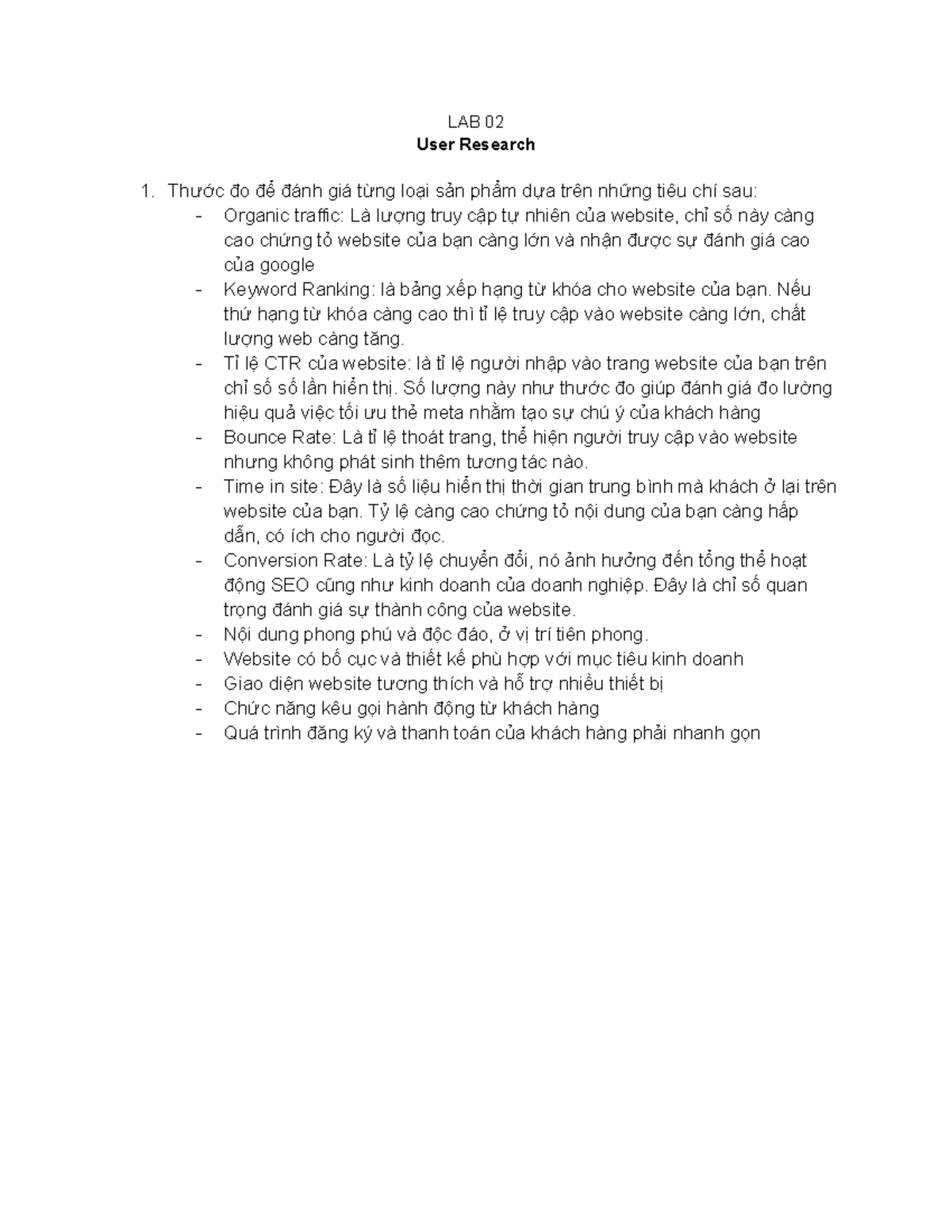 LAB 02 - lecture - LAB 02 User Research 1. Thước đo để đánh giá từng loại sản phẩm dựa trên ...
