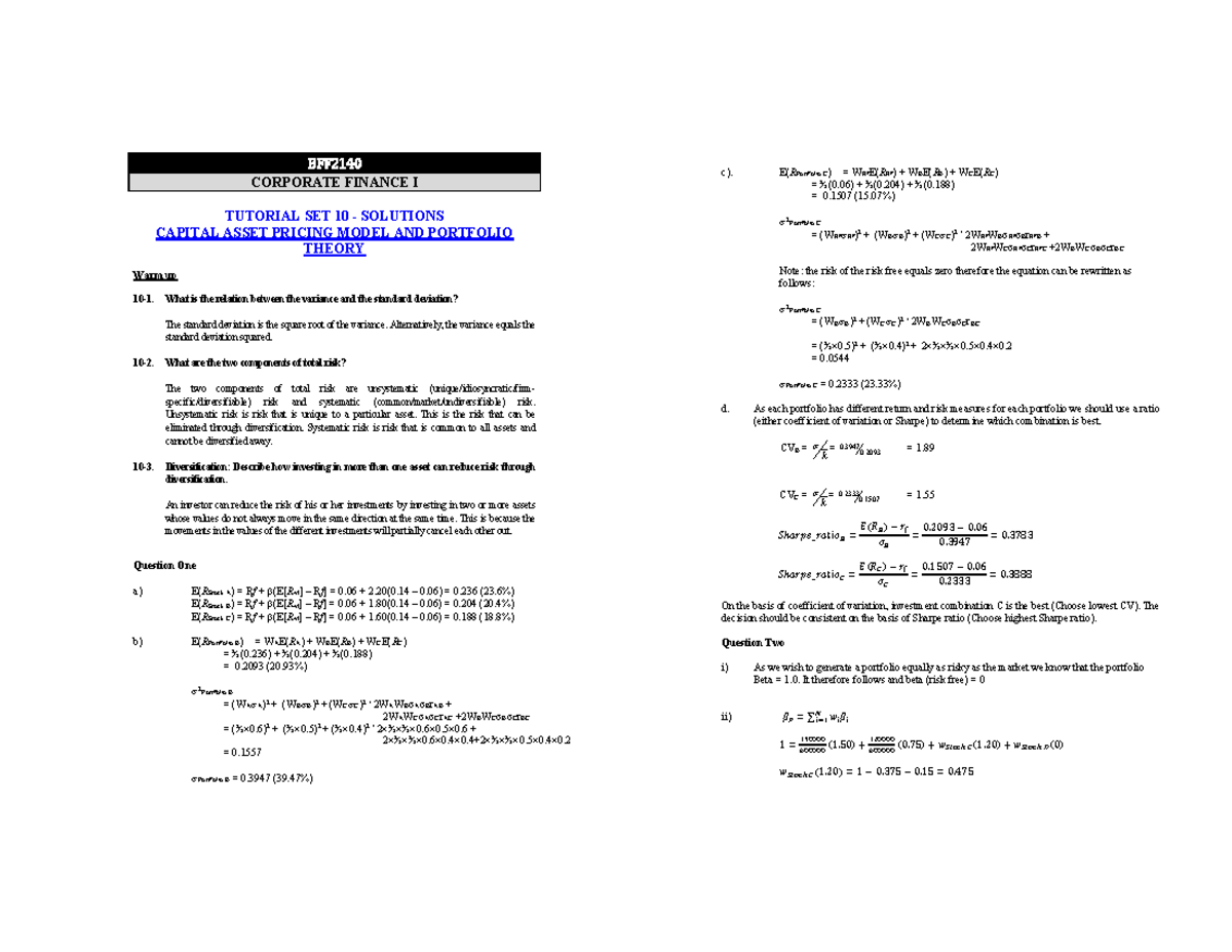 Tut 10 CF SOL - sol - Warning: TT: undefined function: 32 BFF 2140 CORPORATE FINANCE I TUTORIAL ...