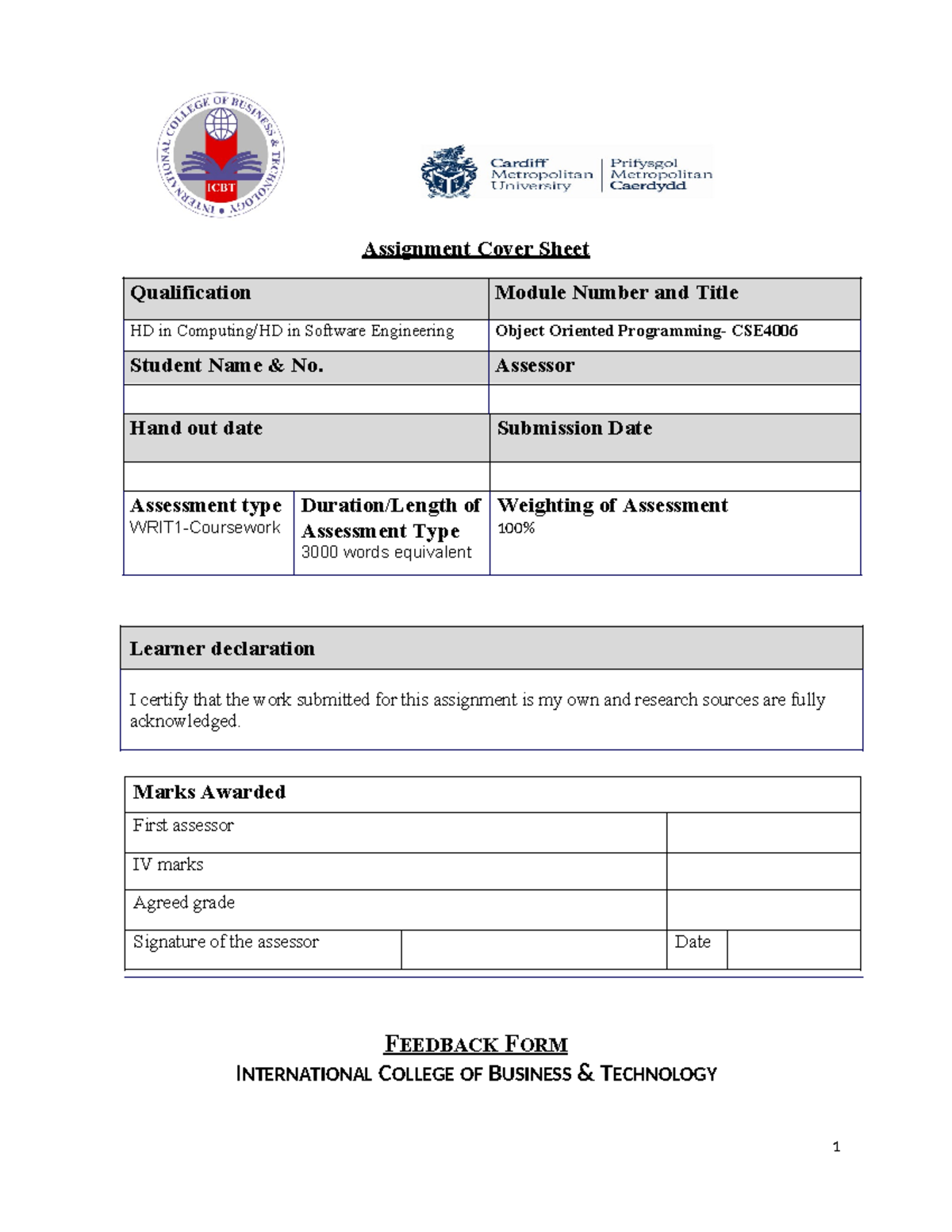 CSE4006- Writ 1 - Nov 2022 - Assignment Cover Sheet Qualification Module Number and Title HD in ...
