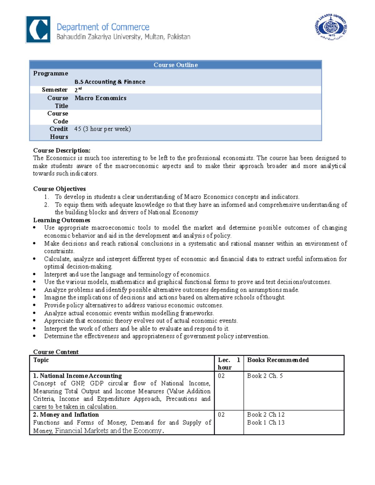 Macro Economics - Lecture notes 1 - Course Description: The Economics ...