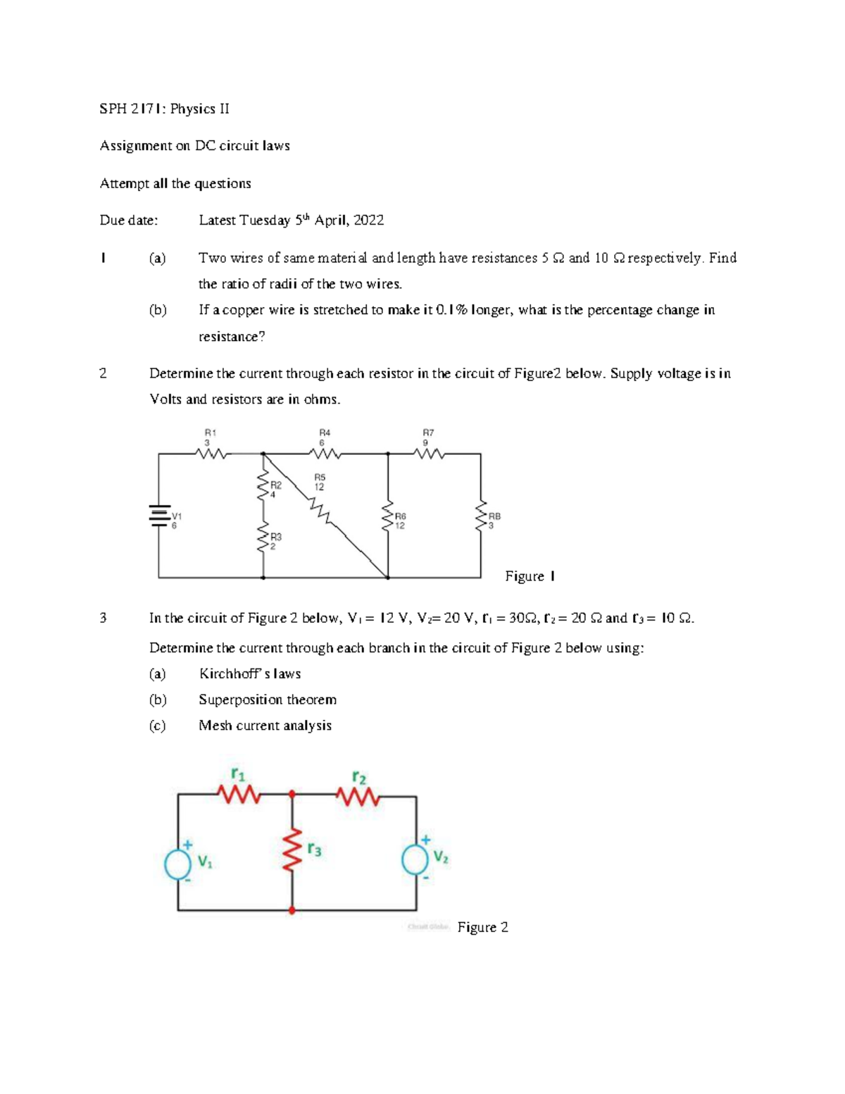 SPH 2171-X-assignments - SPH 2171: Physics II Assignment on DC circuit laws Attempt all the ...