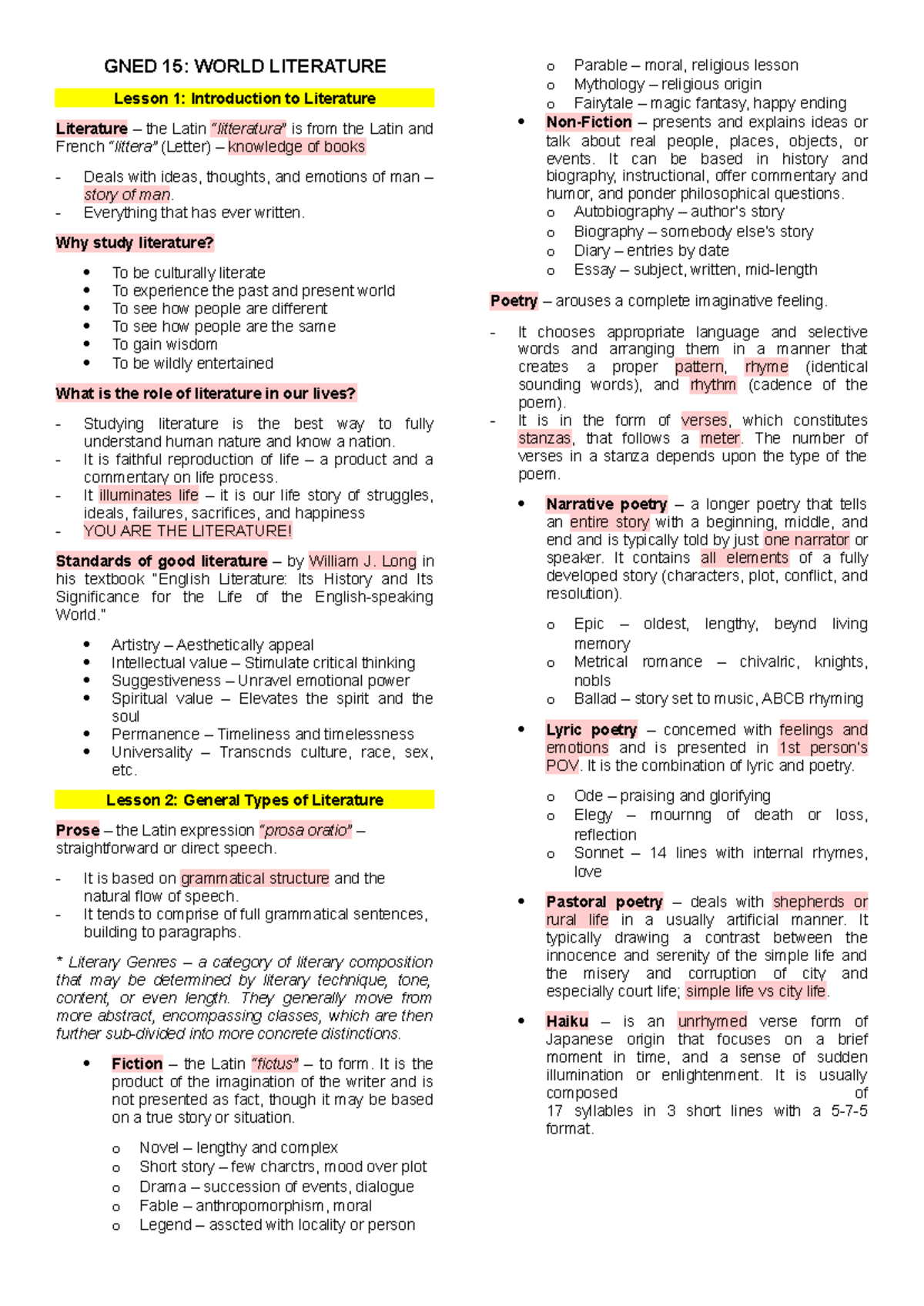 GNED 15 Lesson 1-2 - GNED 15: WORLD LITERATURE Lesson 1: Introduction ...