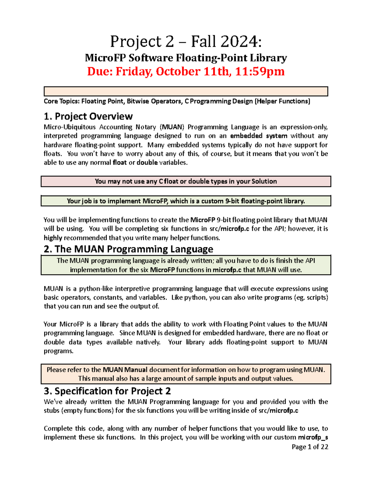 Prooojectt 2.docx - Project details - Project 2 – Fall 2024: MicroFP Software Floating-Point ...