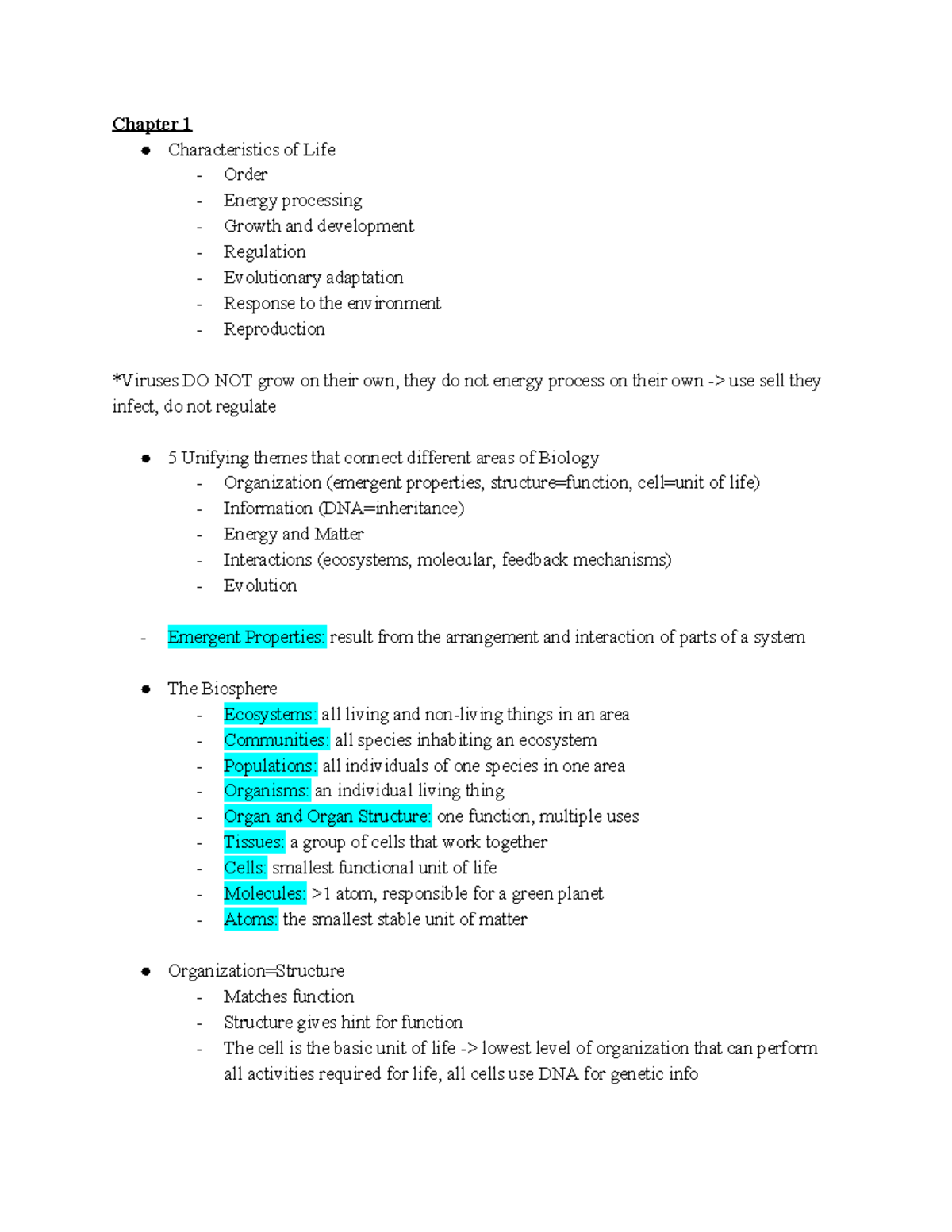 BIO 191 Notes Chapters 1-4 - Chapter 1 Characteristics of Life - Order ...