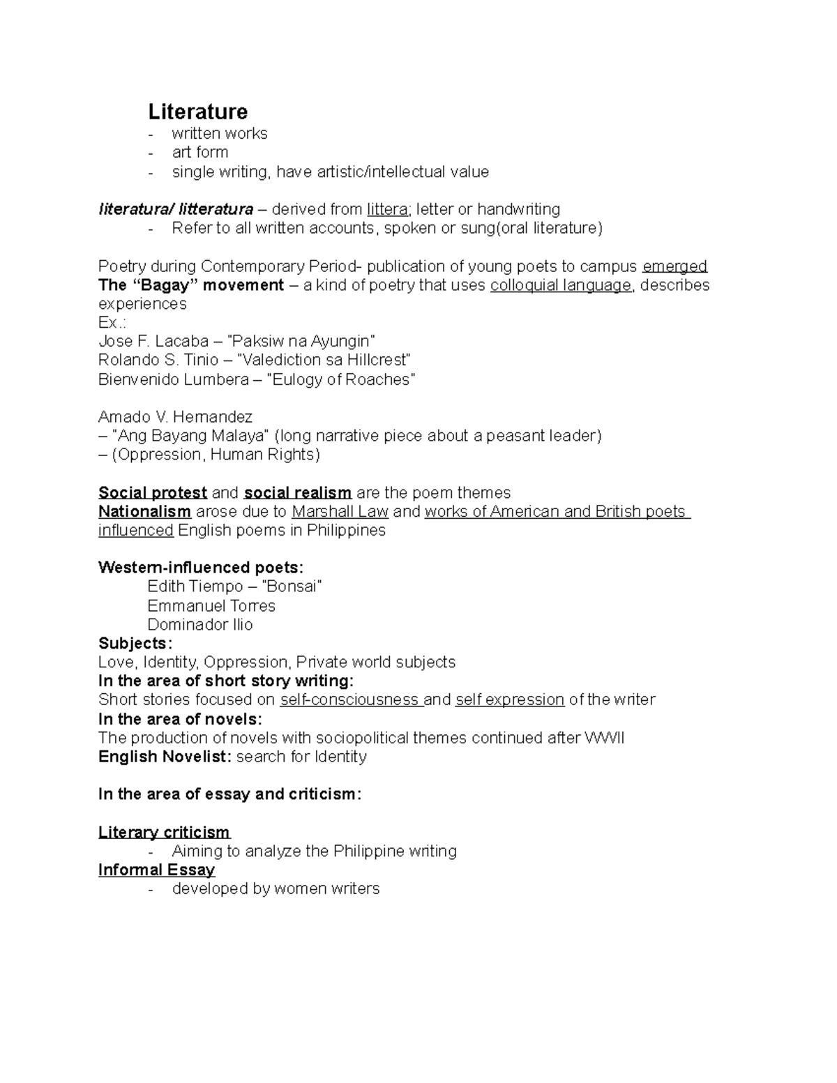 CPAR3 - NOTES - Literature written works art form single writing, have ...