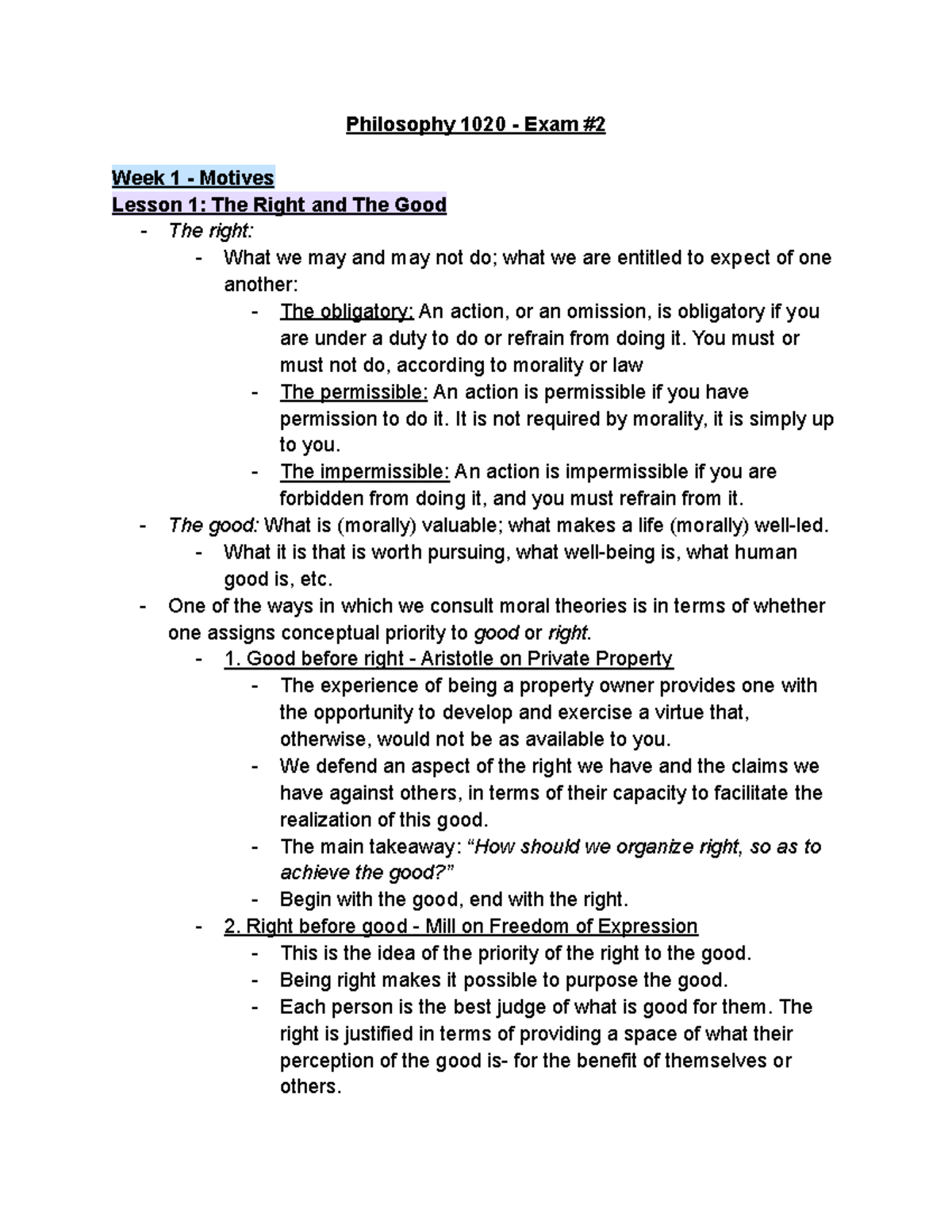 Philosophy Exam 2 - Philosophy 1020 - Exam # Week 1 - Motives Lesson 1 ...