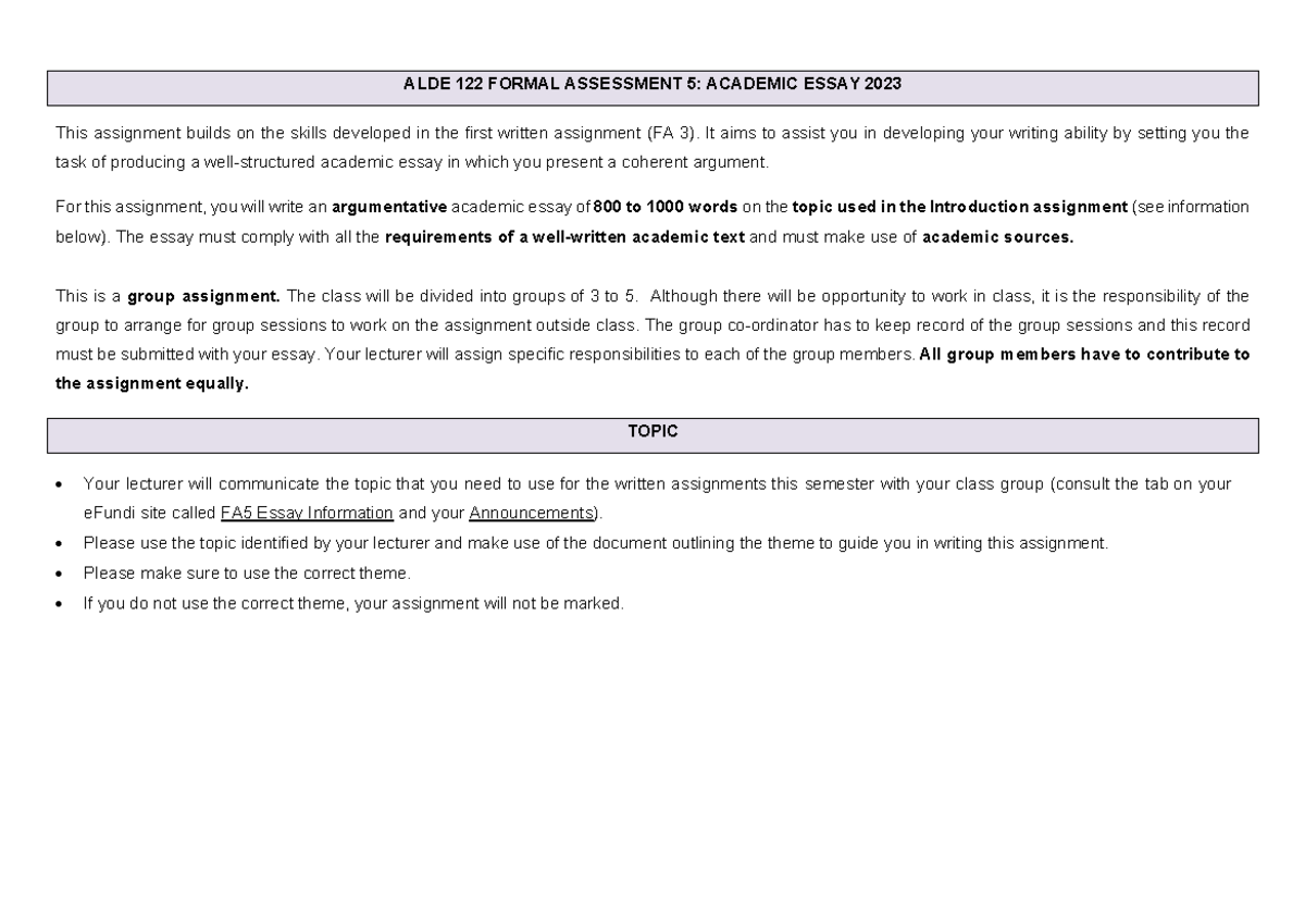 ALDE 122 Academic essay 2023 Final - TOPIC This assignment builds on ...