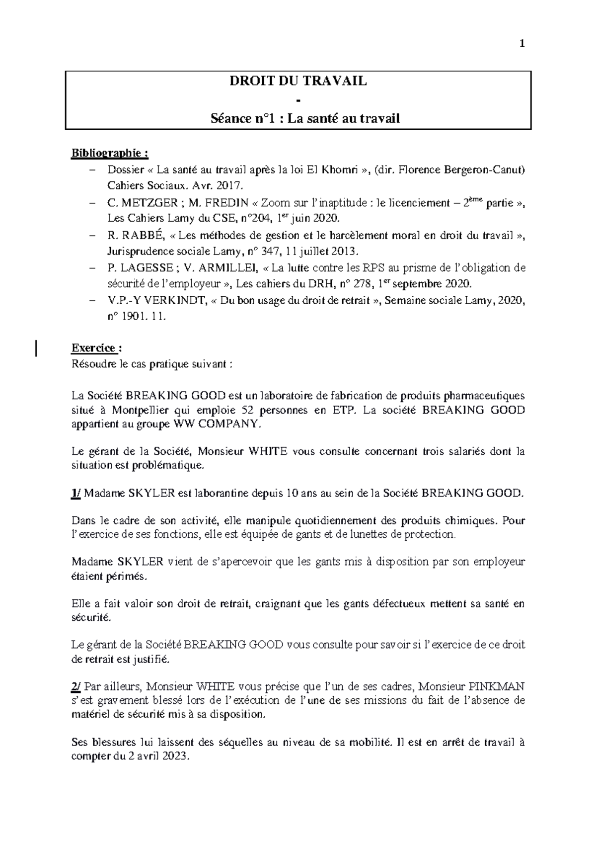 SÃ©ance 1 - sujet la sant Ã© au travail - 1 DROIT DU TRAVAIL - Séance n°1 : La santé au travail ...