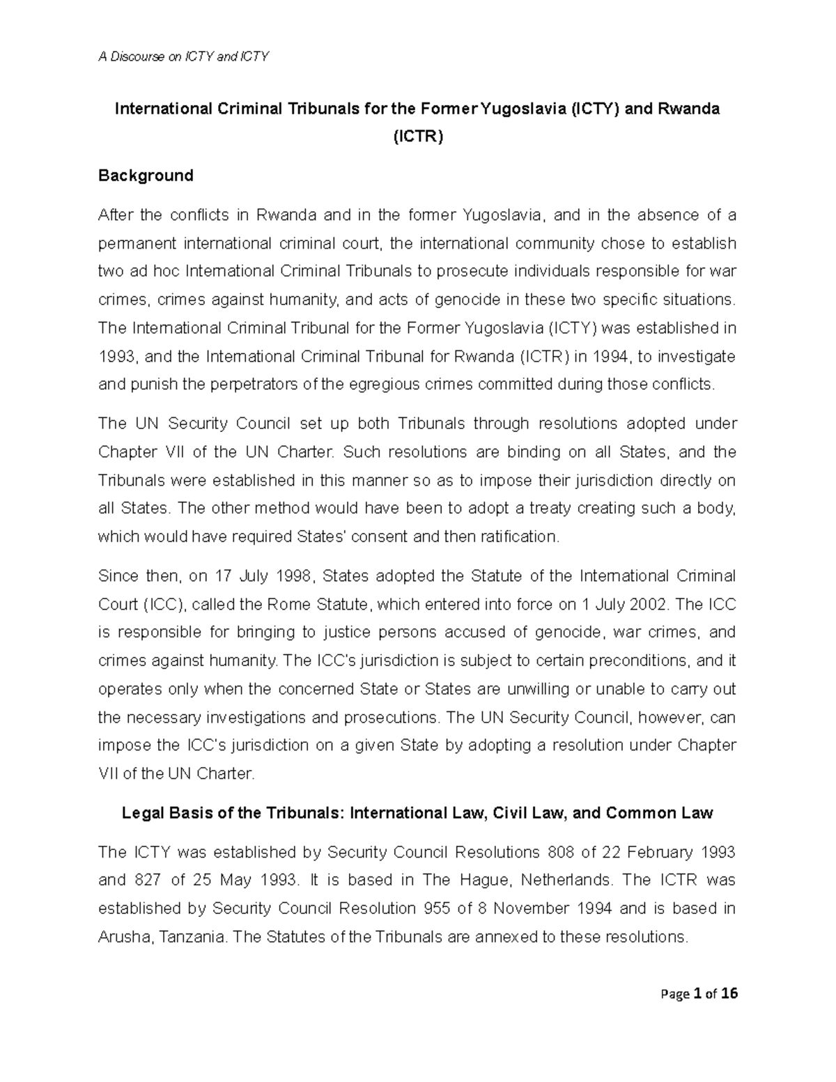 Discourse ON ICTY AND ICTR - International Criminal Tribunals for the ...