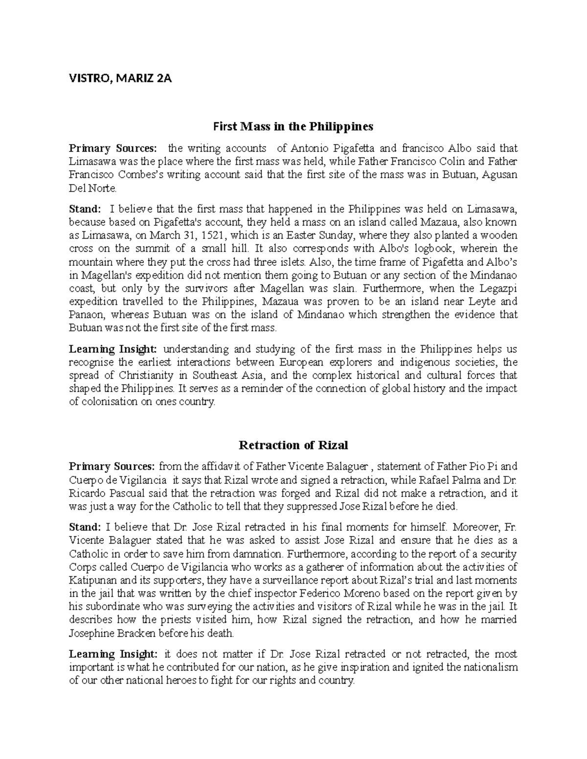 RPH learning insight - VISTRO, MARIZ 2A First Mass in the Philippines ...