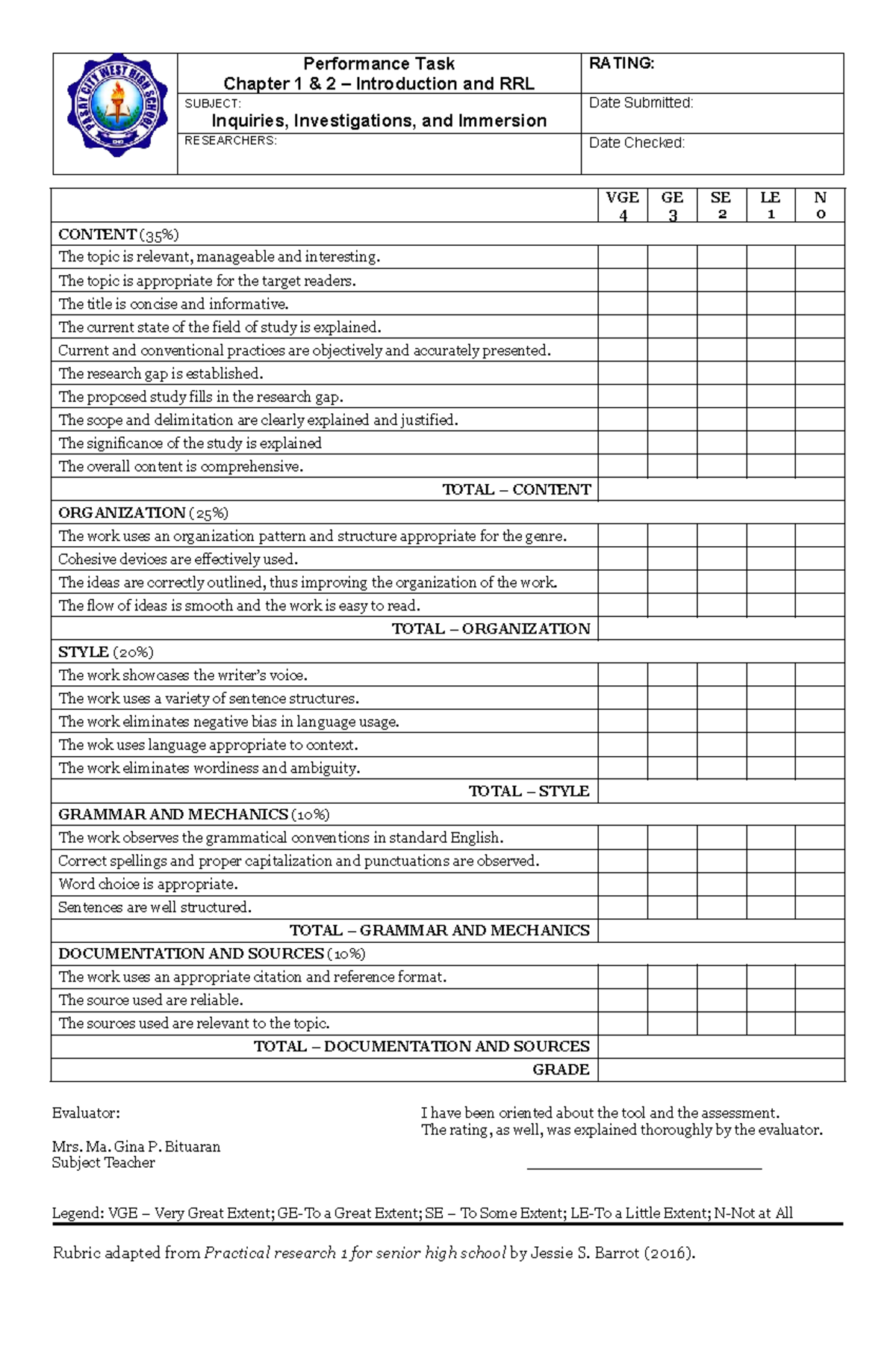 III Chapter 1 2 Rubric - use - Performance Task Chapter 1 & 2 ...