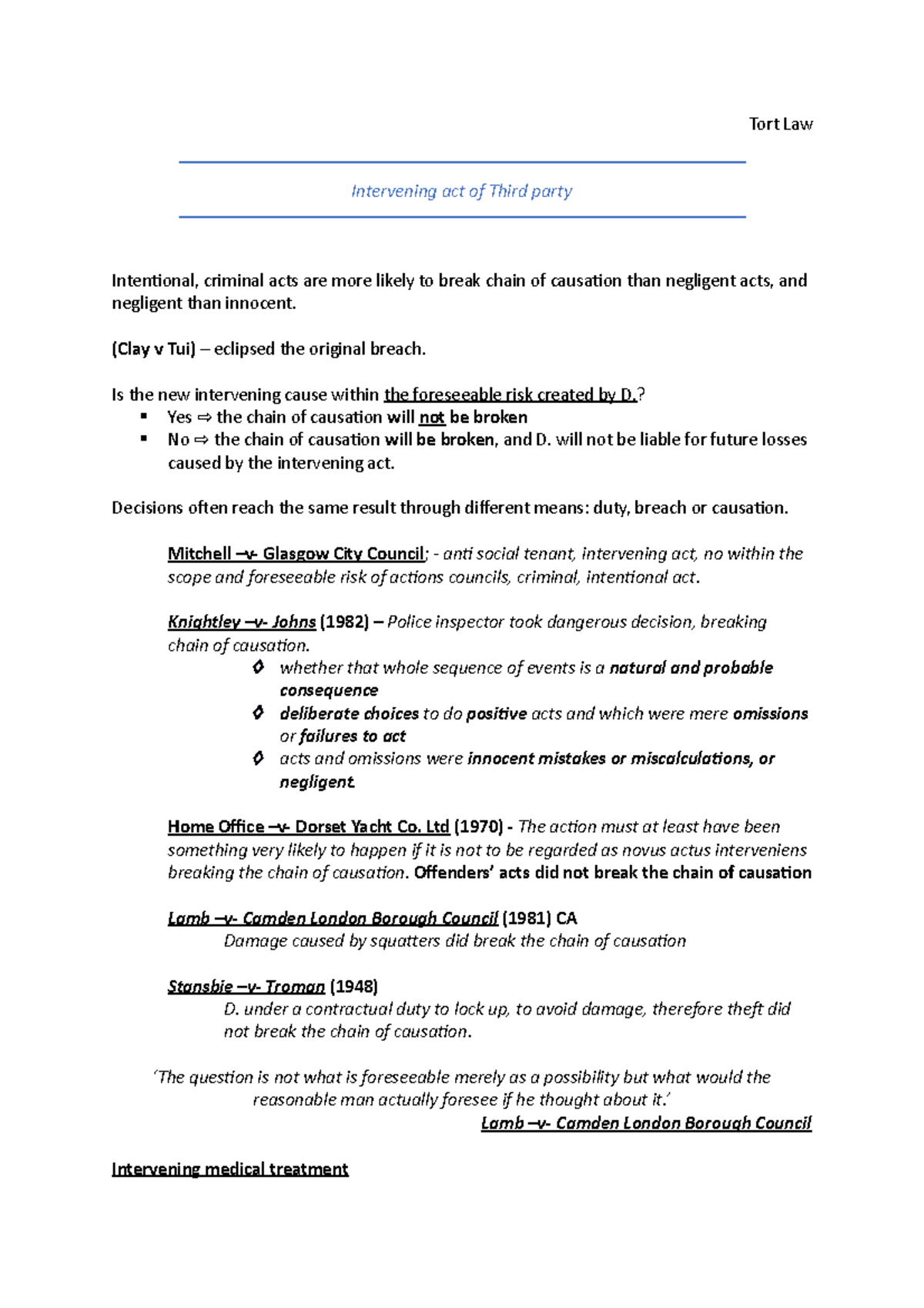 Tort Law - Medical Treatment - Tort Law Intervening act of Third party ...