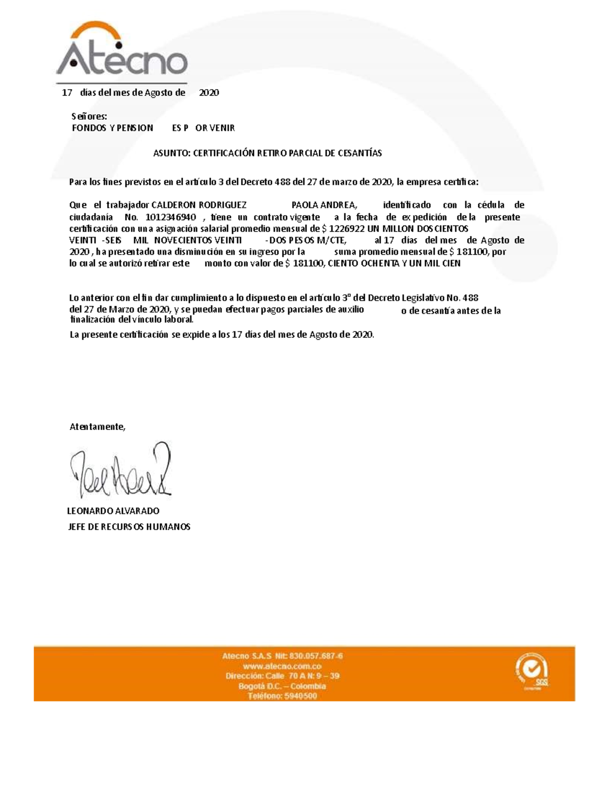 Porvenir - GHYR BHBRT - PESOS. 17 días del mes de Agosto de 2020 ...