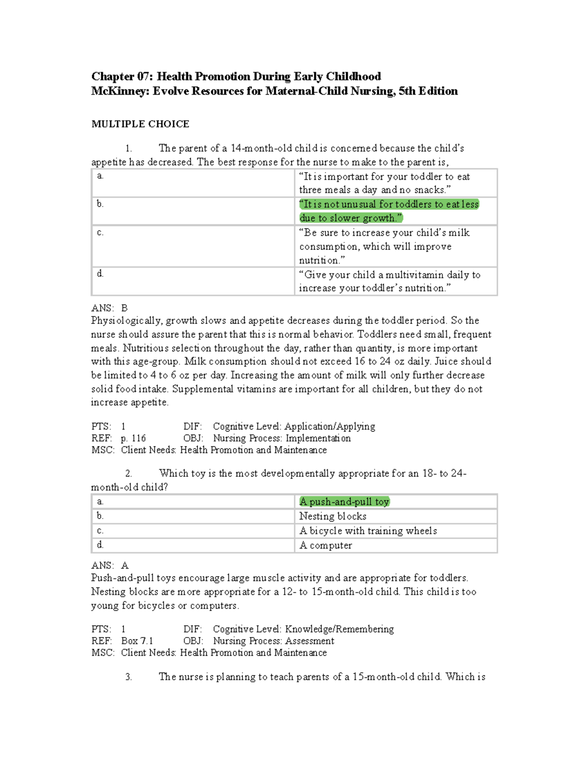 C7 - Practice exam questions - Chapter 07: Health Promotion During ...