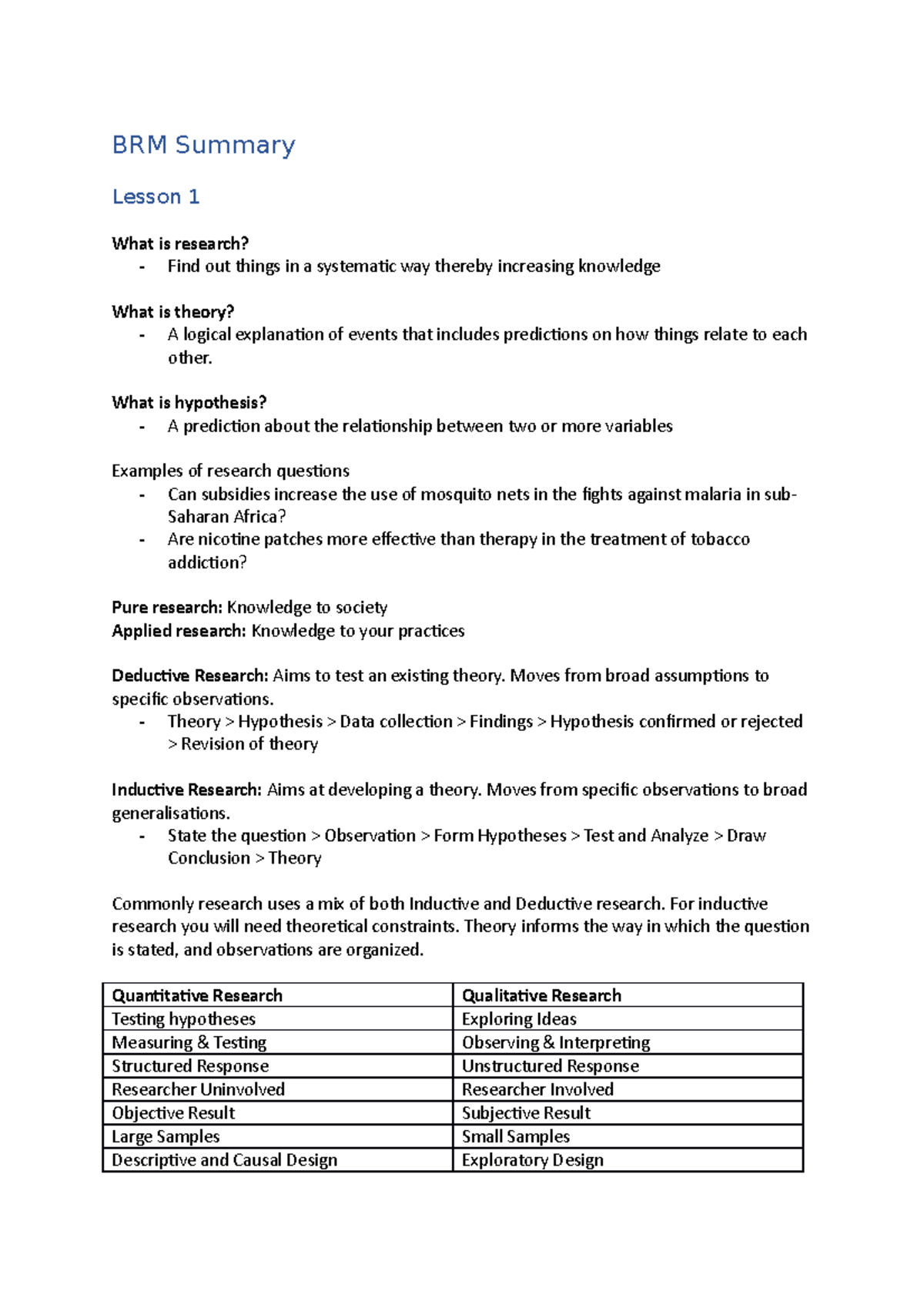 BRM Summary BRM1A - BRM Summary Lesson 1 What is research? - Find out ...