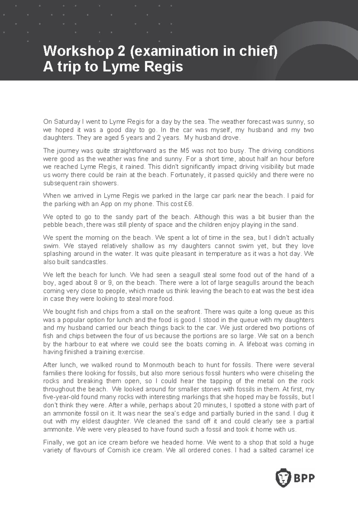 BTC2 XIC W2 Apply A Trip to Lyme Regis - Workshop 2 (examination in chief) A trip to Lyme Regis ...