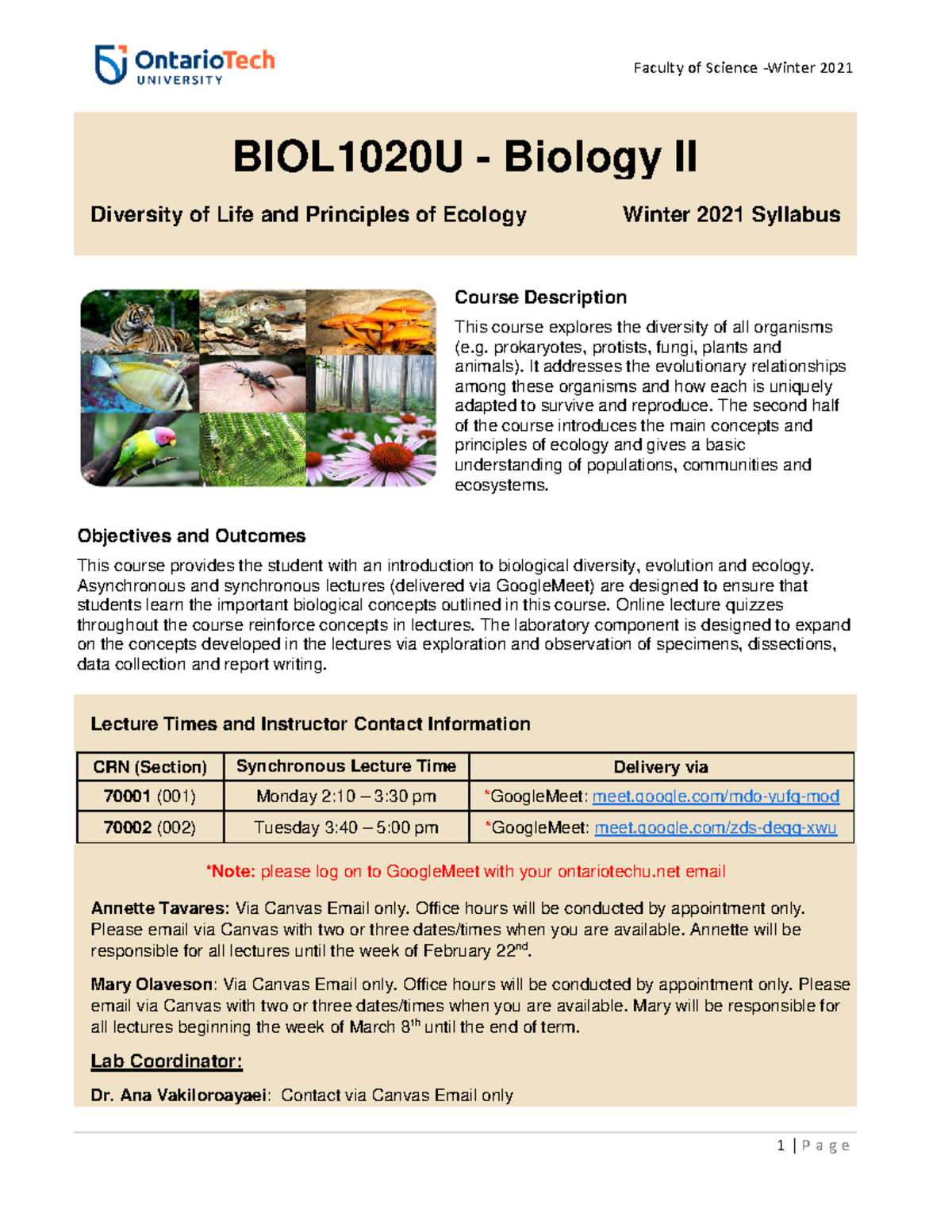 BIOL1020 syllabus W2021 Final - BIOL1020U - Biology II Diversity of ...