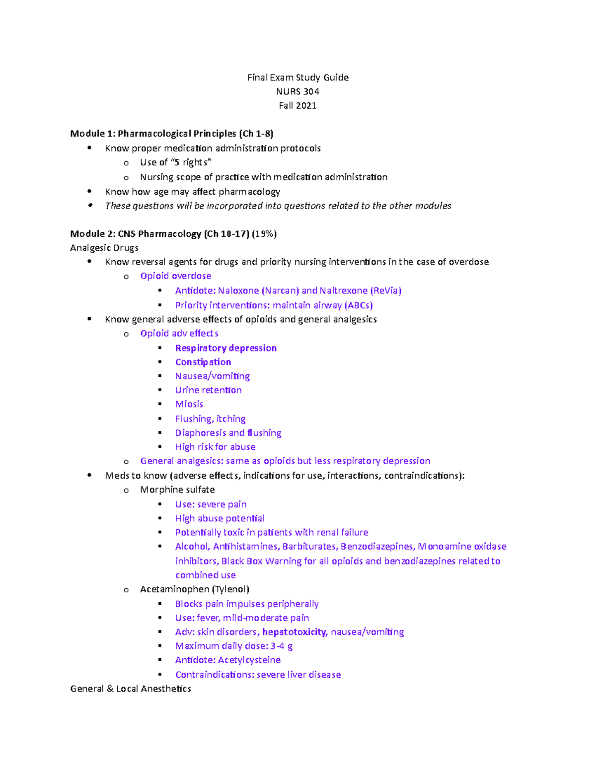 Pharmacology Final Exam Review - Final Exam Study Guide NURS 304 Fall 2021 Module 1 ...