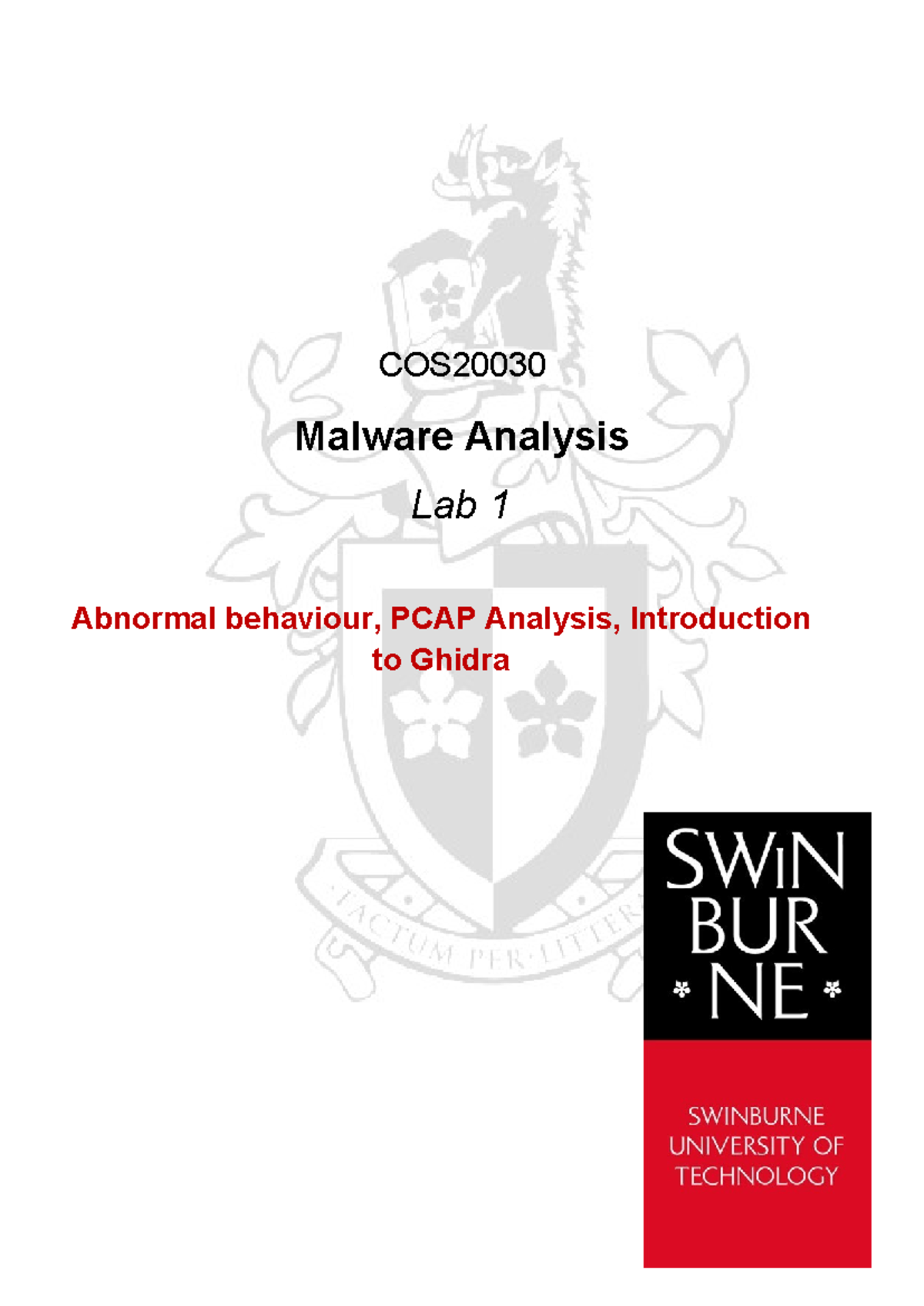 Swin lab1 V1 - Lab 1 - COS Malware Analysis Lab 1 Abnormal behaviour, PCAP Analysis ...
