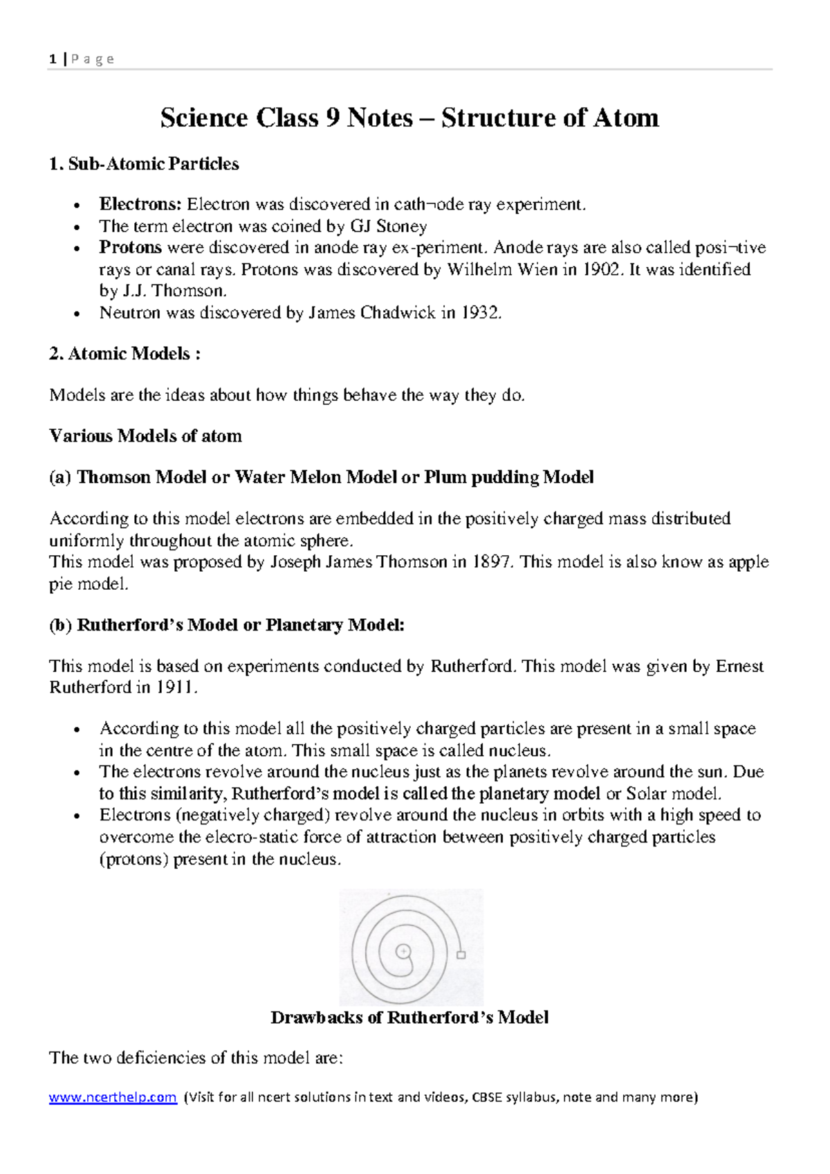 Chemisty- Structure of an Atom (Notes) - 1 | P a g e ncerthelp (Visit ...