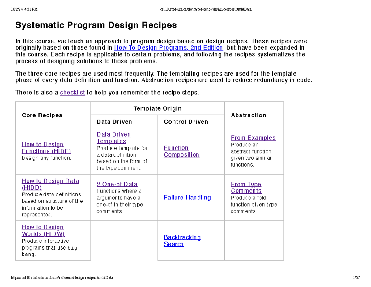 Reference - Systematic Program Design Recipes In this course, we teach an approach to program ...