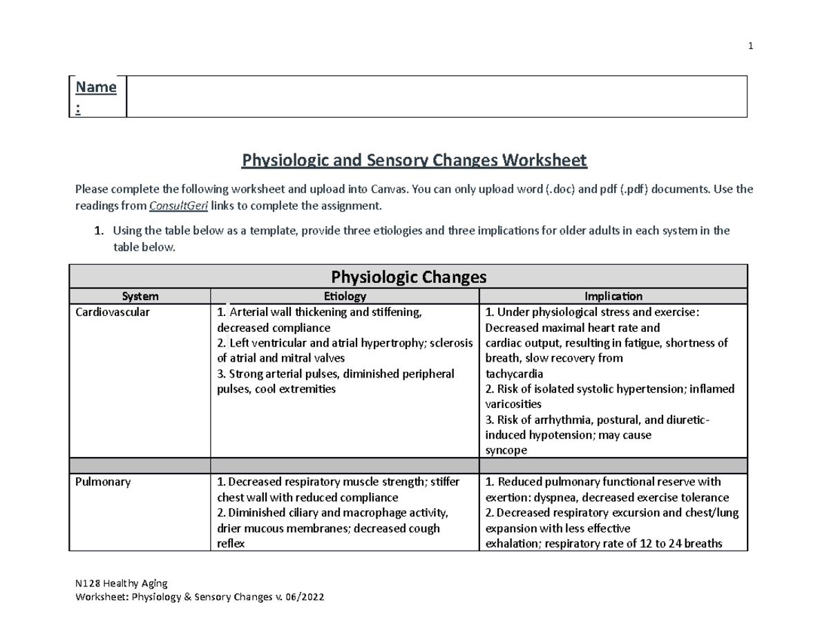 Physiology and Sensory Worksheet - Name : Physiologic and Sensory Changes Worksheet Please ...