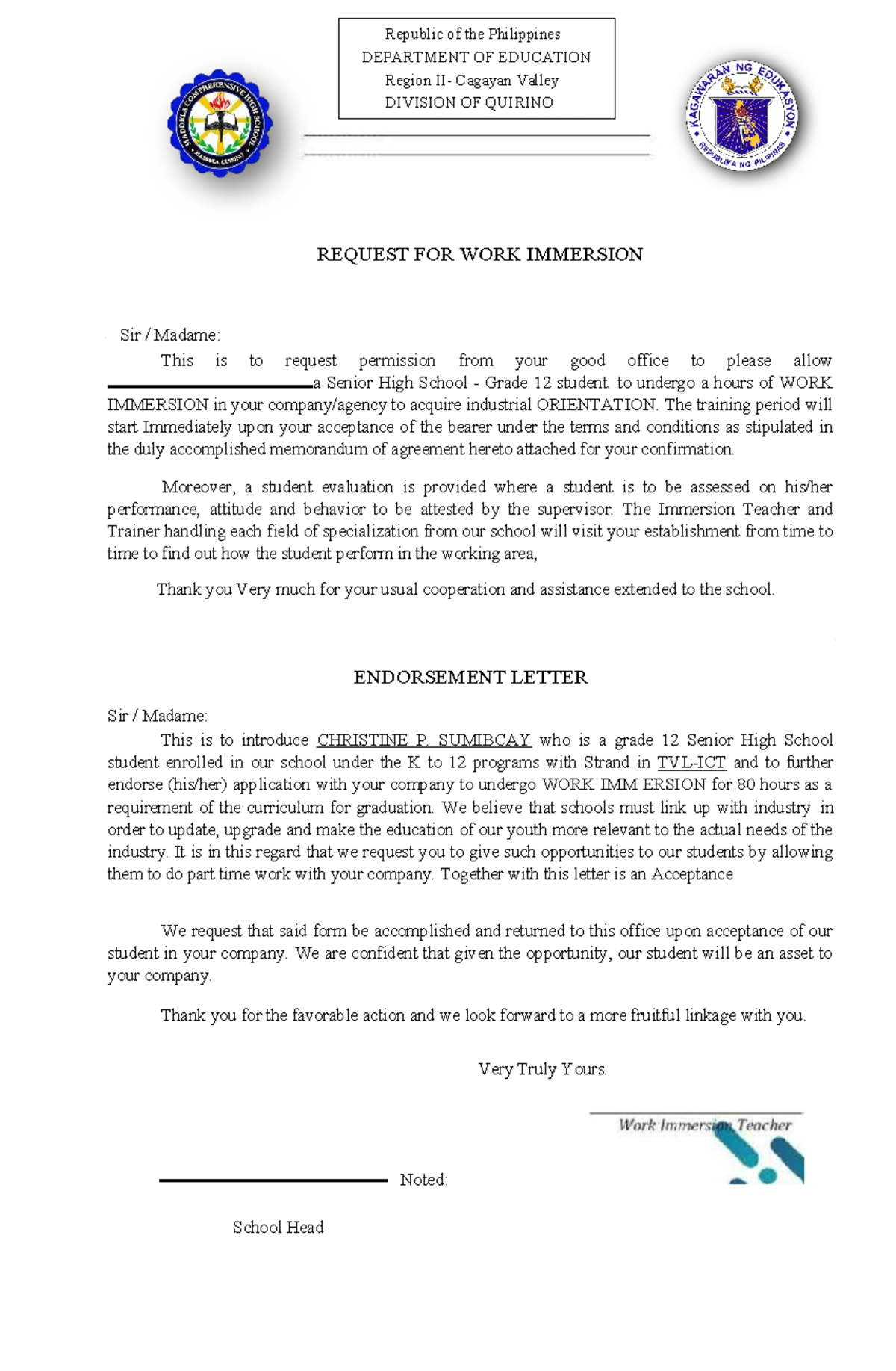 PDF Project - good. - REQUEST FOR WORK IMMERSION Sir / Madame: This is ...