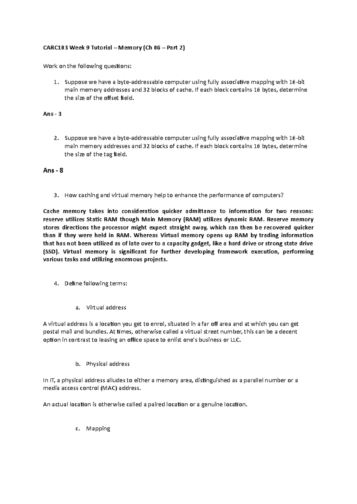CA Week9 Tutorial (CH06 - part 2) - CARC103 Week 9 Tutorial – Memory (Ch 06 – Part 2) Work on ...