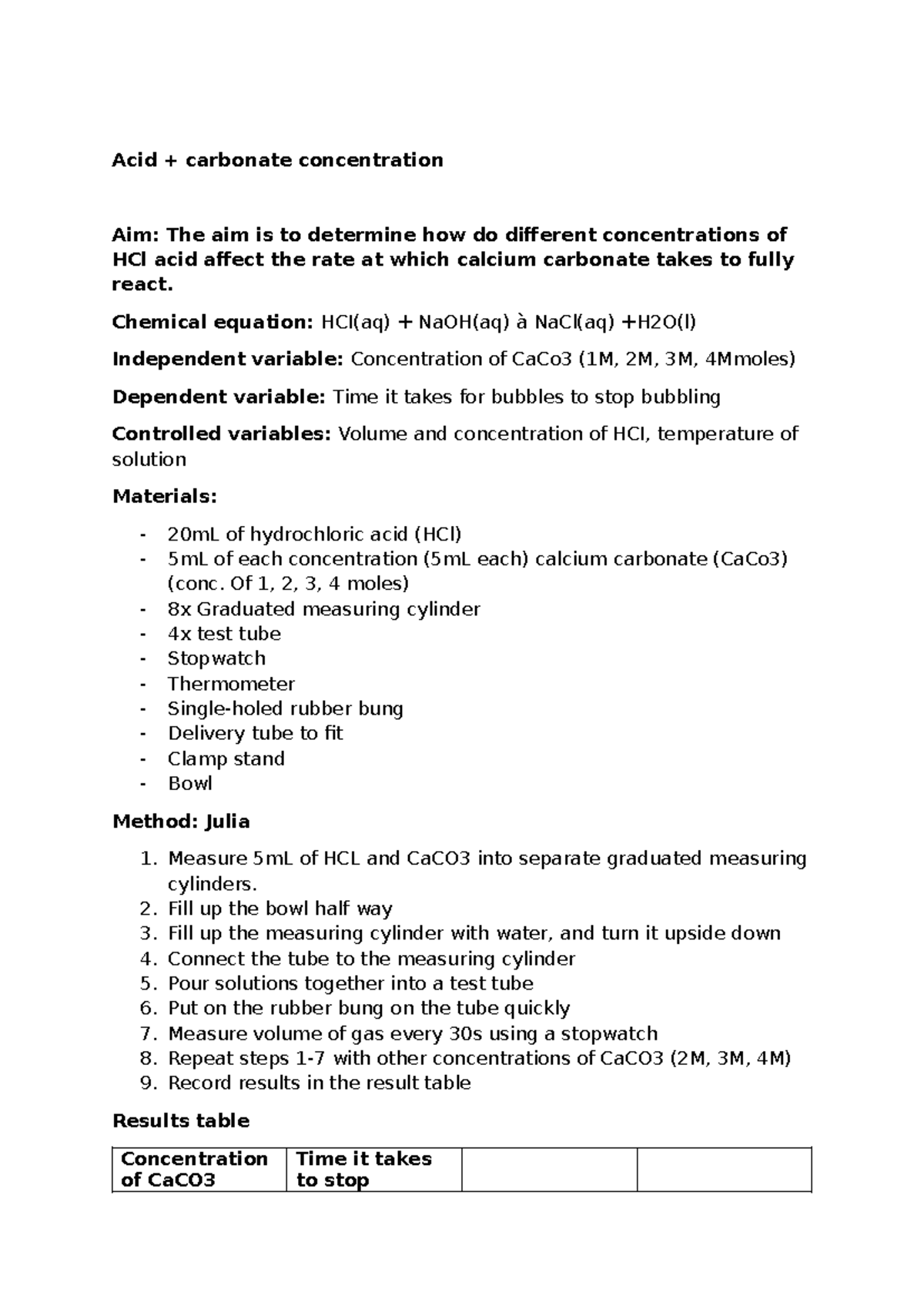 Acid base conc depth study - Acid + carbonate concentration Aim: The ...