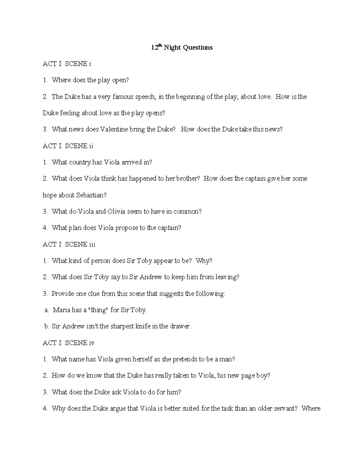 12th night questions - 12 th Night Questions ACT I SCENE i Where does ...
