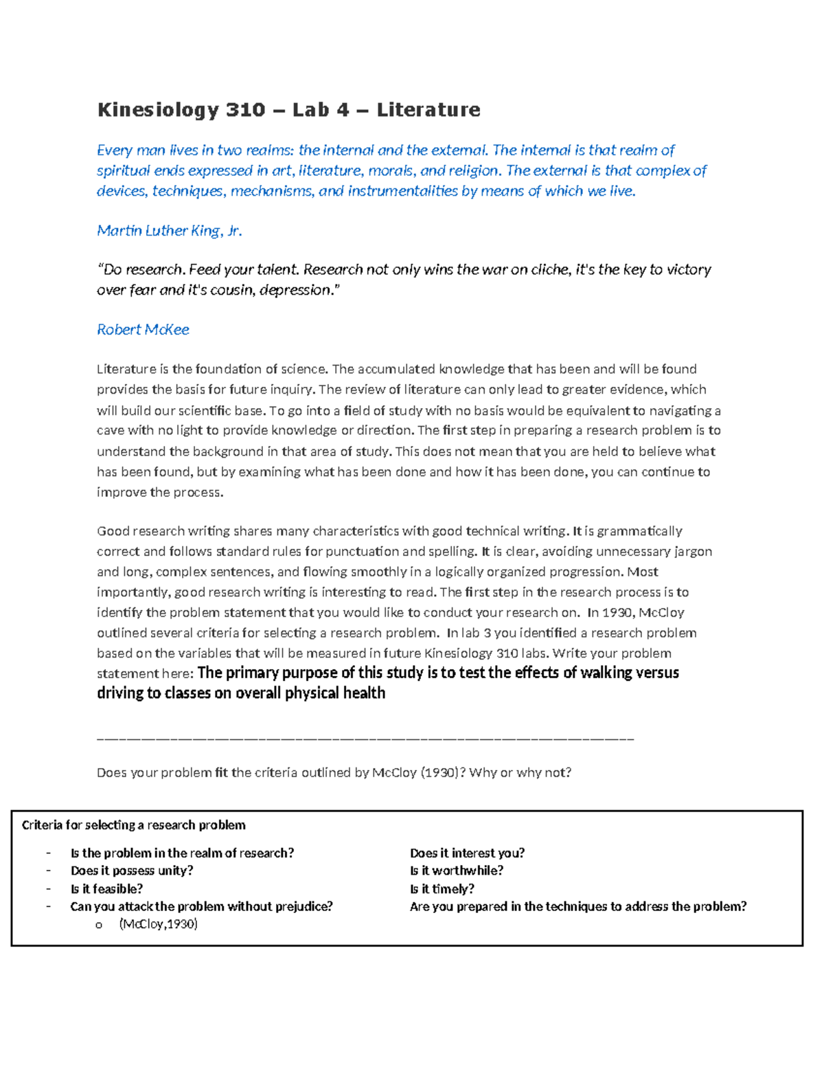 Kinesiology 310 Lab 4 Notes - Kinesiology 310 – Lab 4 – Literature ...