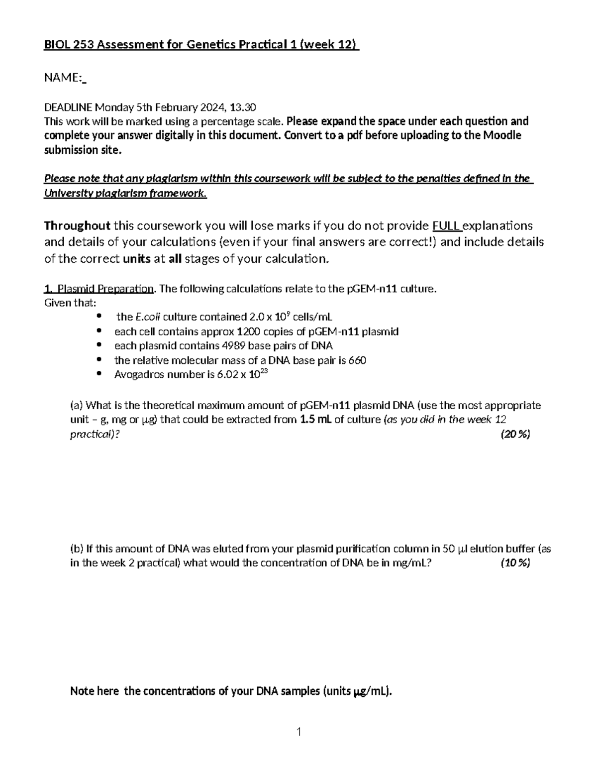 BIOL253 plasmid practical assessment 2023-24 - BIOL 253 Assessment for ...