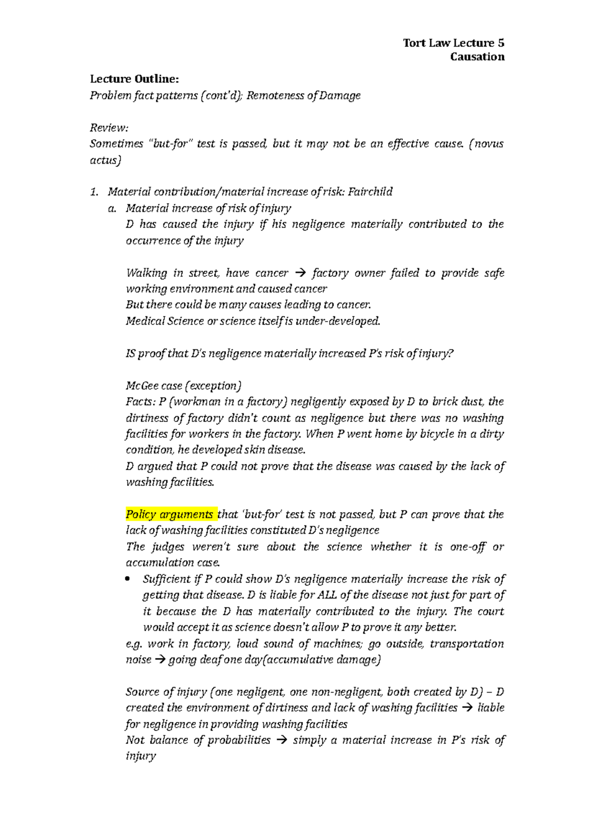 TORT Lecture 5 - Causation - Tort Law Lecture 5 Causation Lecture ...