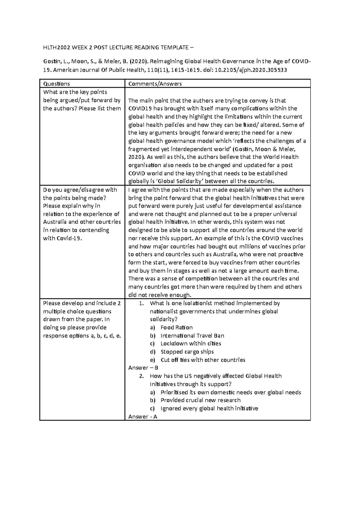 HLTH2002 - Week 2 - reading template - HLTH2002 WEEK 2 POST LECTURE READING TEMPLATE – Gostin, L ...