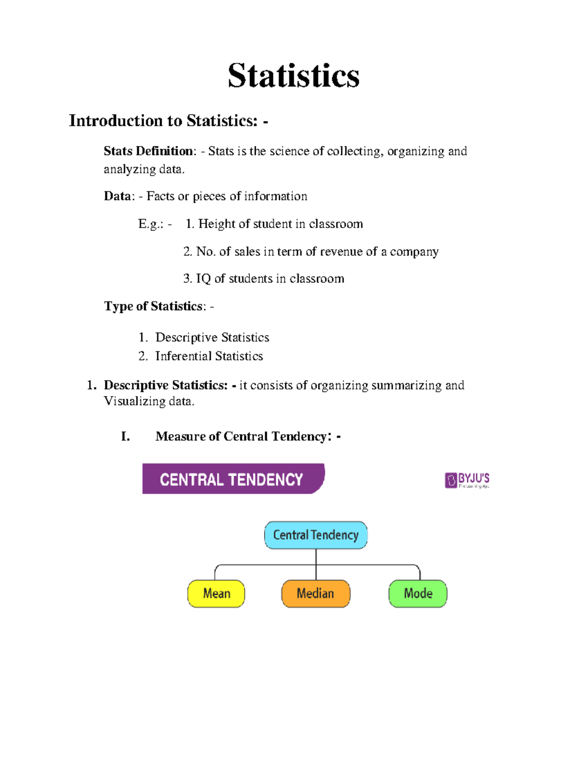 Statistics Notes 🗒️ - Statstics - Statistics Introduction to Statistics ...