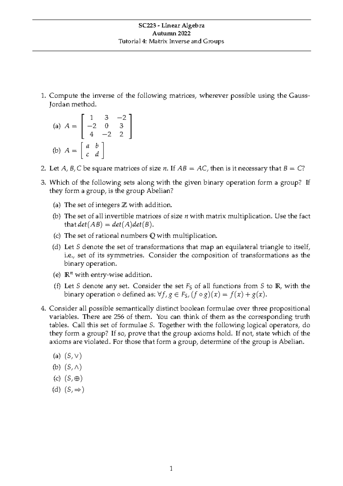 Tutorial 4 - LA - Problems - SC223 - Linear Algebra Autumn 2022 ...