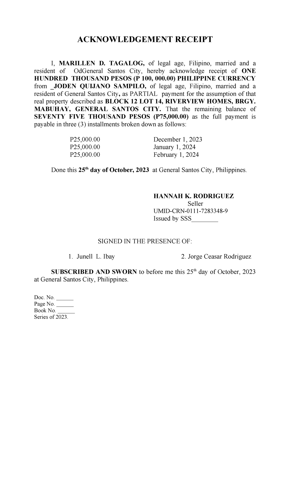 Acknowledgement Receip 1 - ACKNOWLEDGEMENT RECEIPT I, MARILLEN D ...