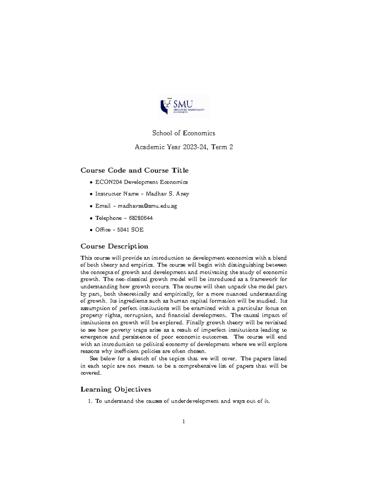 ECON204 DEV ECON - School of Economics Academic Year 2023-24, Term 2 ...