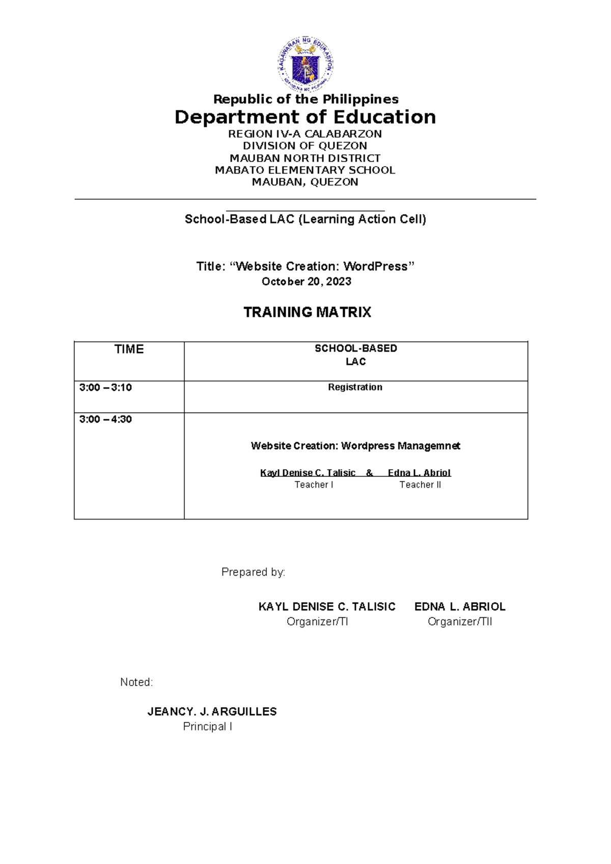 Matrix School-Based - Republic of the Philippines Department of ...