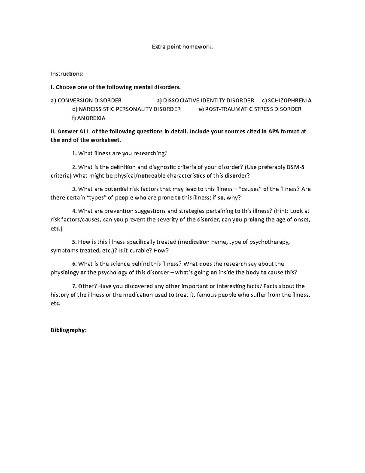 Extra point homework - Instructions: I. Choose one of the following ...