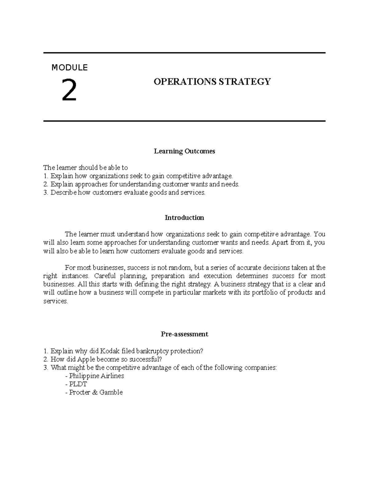 Operations Strategy - Module : Chapter 2 TQM - Learning Outcomes The ...