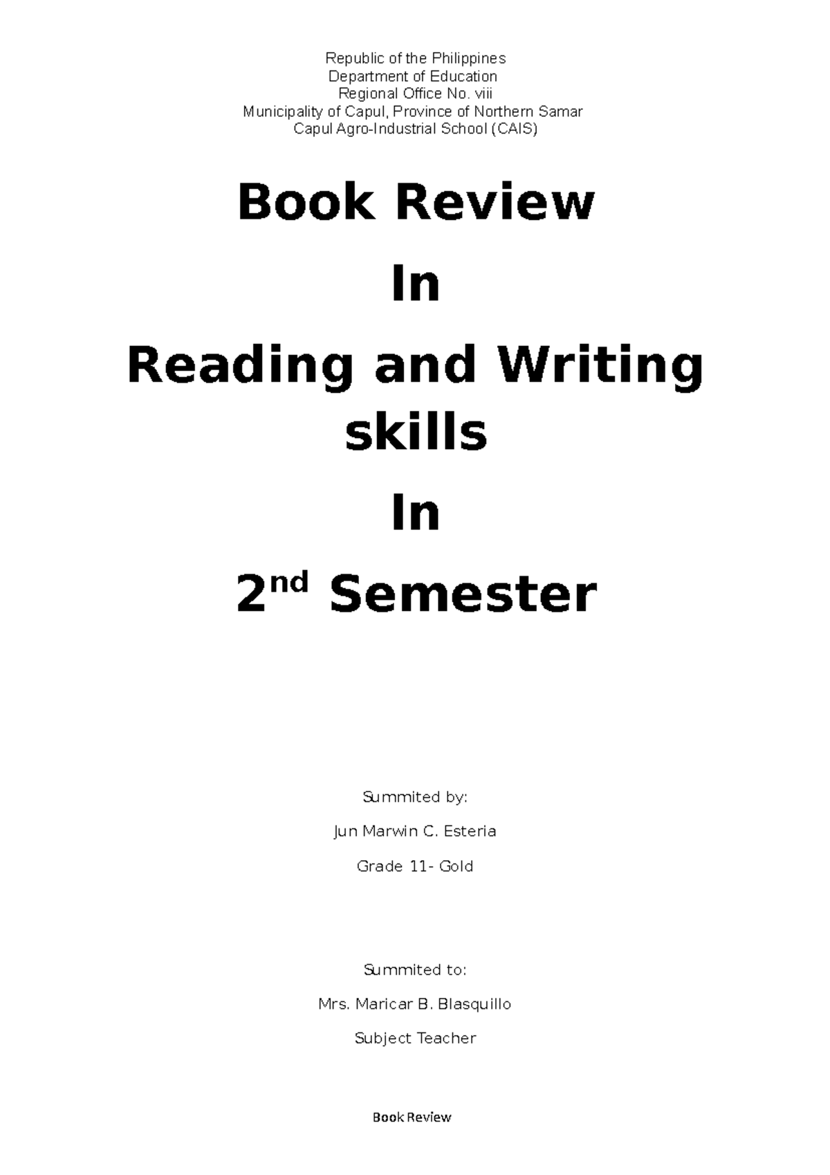 Book Review - Department of Education Regional Office No. viii ...