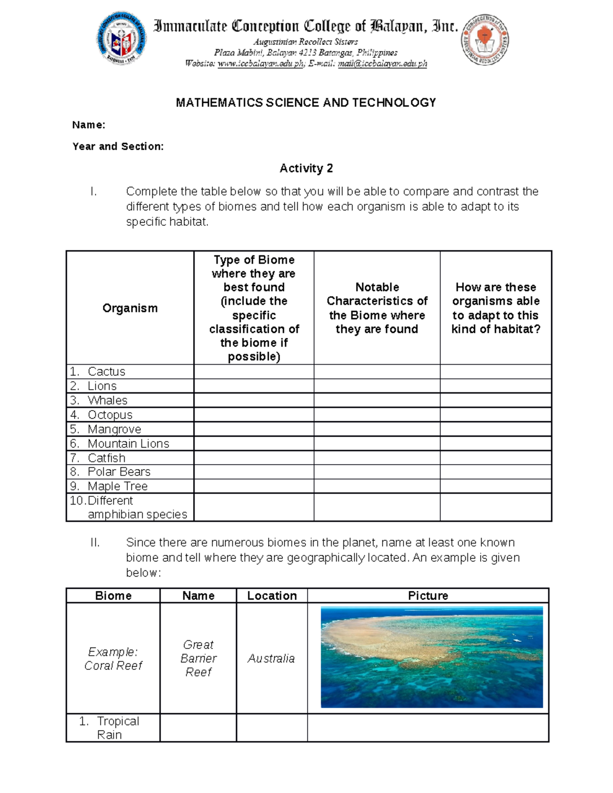 Activity 2 - MST - Science - MATHEMATICS SCIENCE AND TECHNOLOGY Name ...