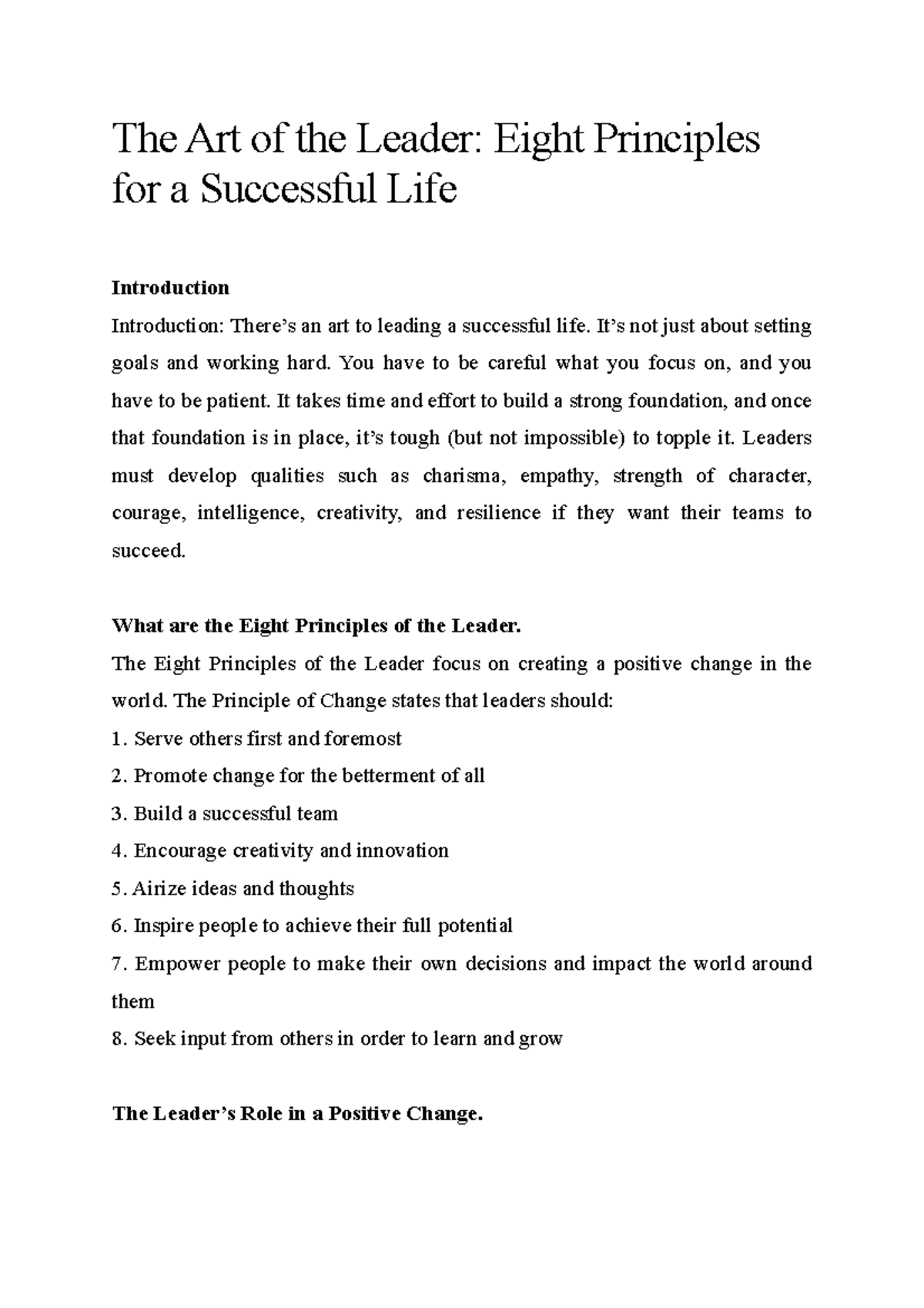 The art of being a Leader: Eight Principles for a Successful Life - The ...