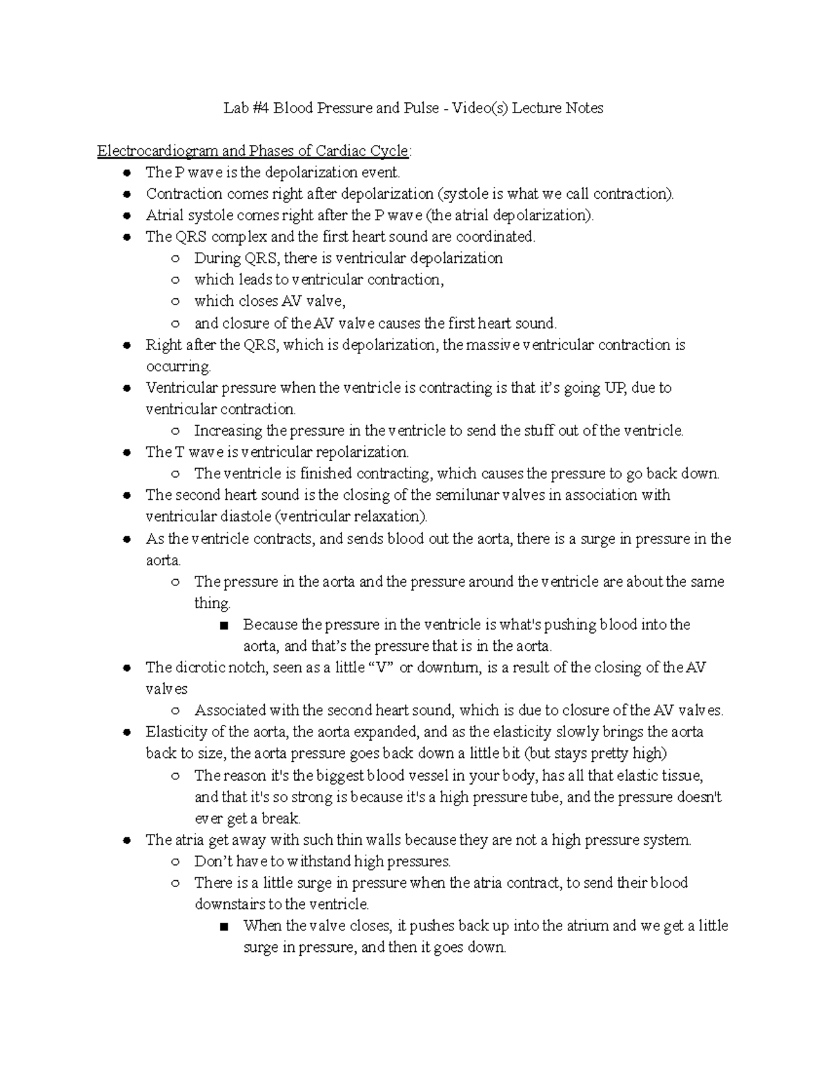 A&P 2 Lab #4 Blood Pressure and Pulse Video Lecture Notes - Lab #4 ...