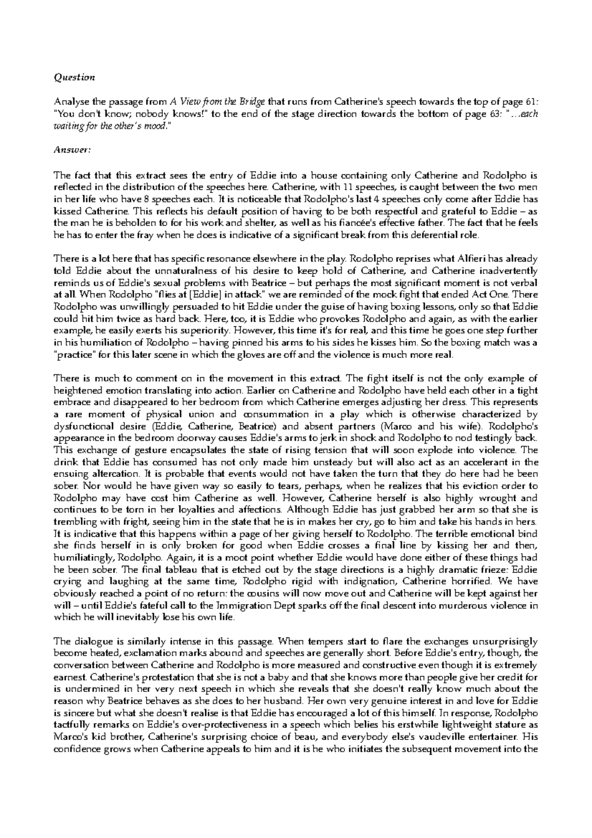 Specimen D - View from the Bridge - Question Analyse the passage from A ...