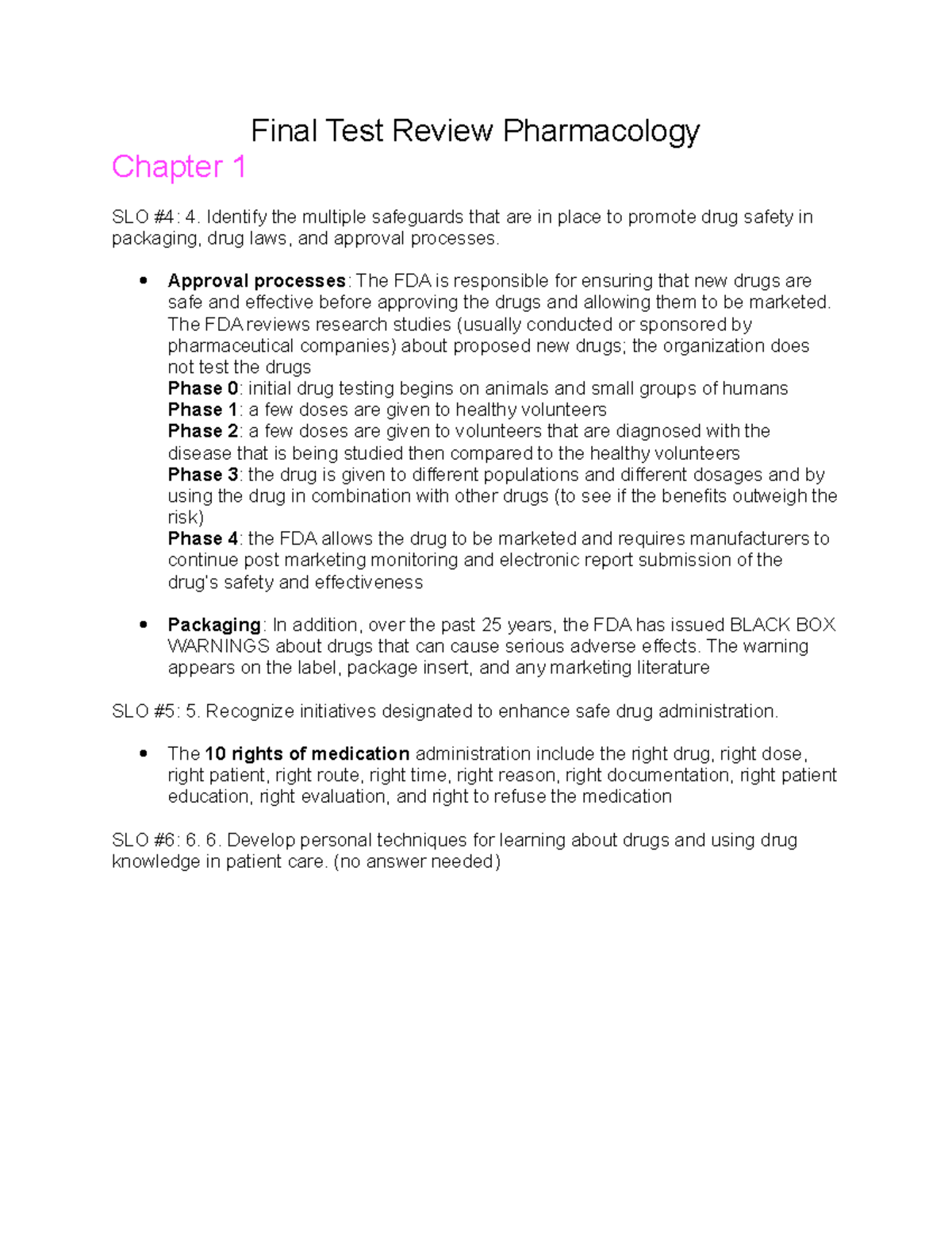 Final Test Review Pharmacology - Final Test Review Pharmacology Chapter ...