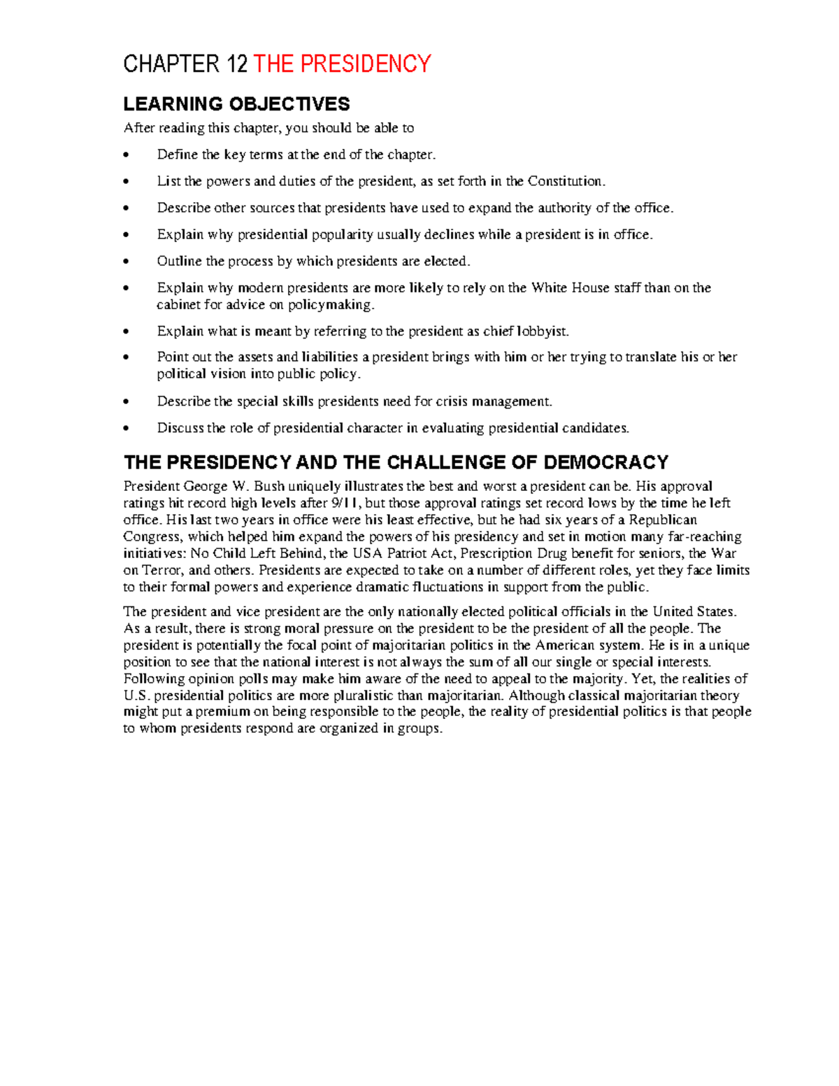 Ch12 The Presidency Exam - CHAPTER 12 THE PRESIDENCY LEARNING ...