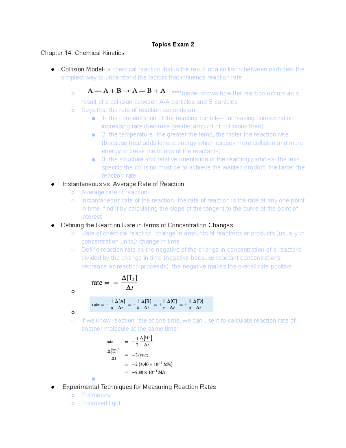 Ch101 exam 2 study guide - Topics Exam 2 Chapter 14: Chemical Kinetics Collision Model- a ...